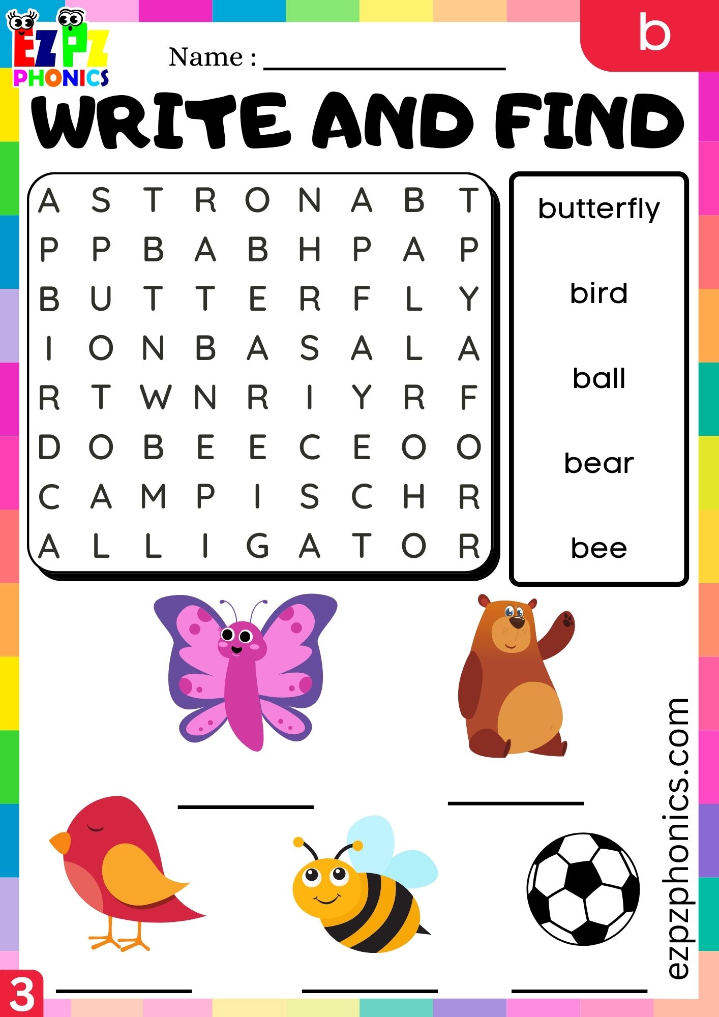 Letter b Word Search Activity for Kids Group 3 - ezpzphonics.com