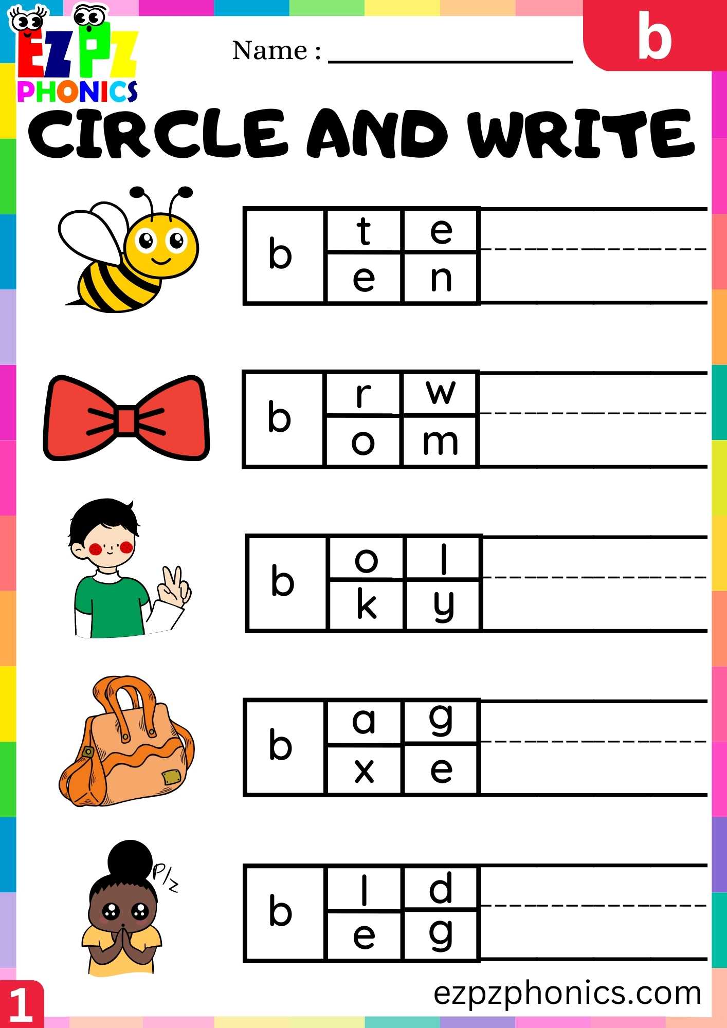 Letter b Circle and Write Beginning Sounds Worksheet - ezpzphonics.com