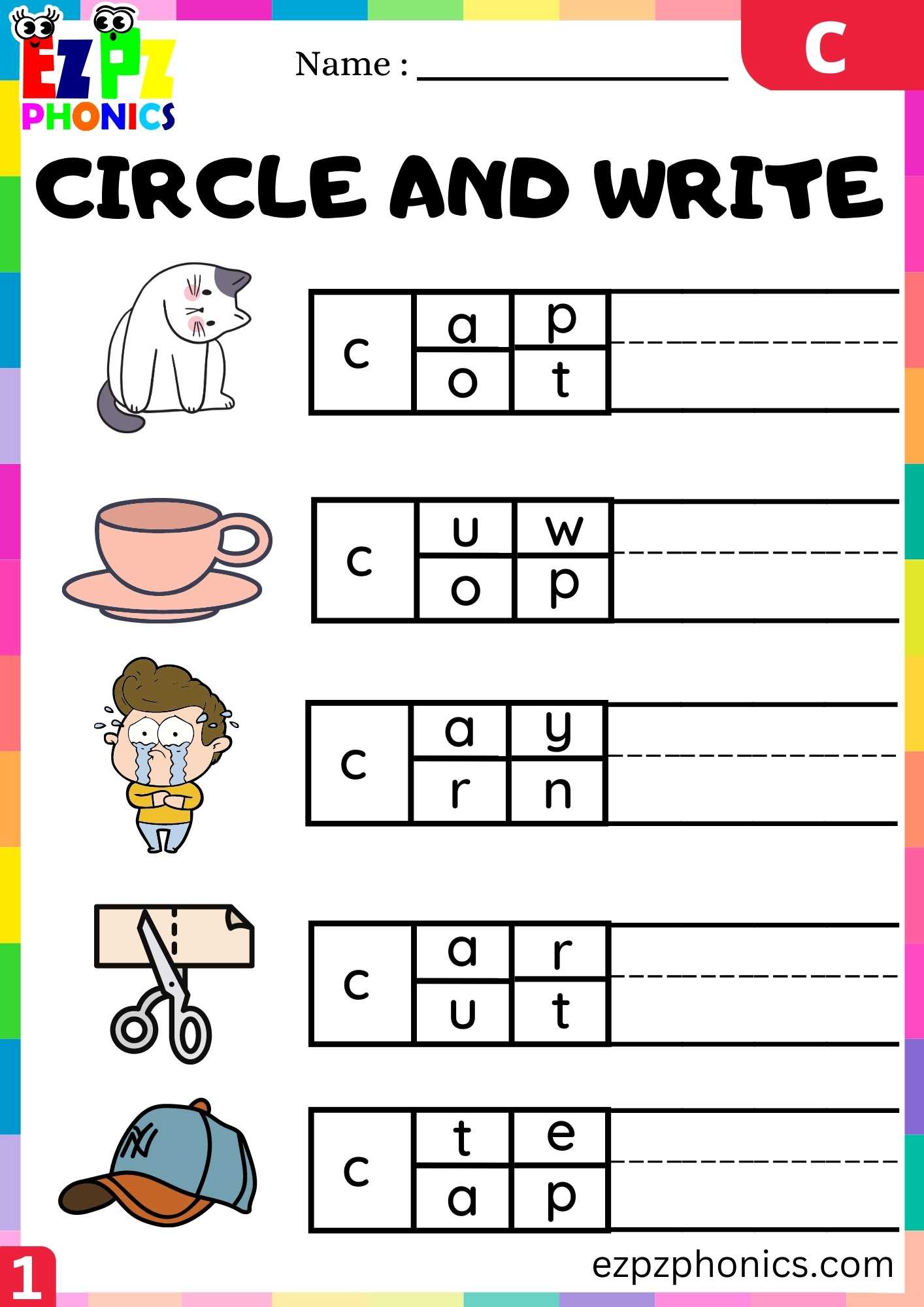 Letter C Circle And Write Beginning Sounds Worksheet - ezpzphonics.com