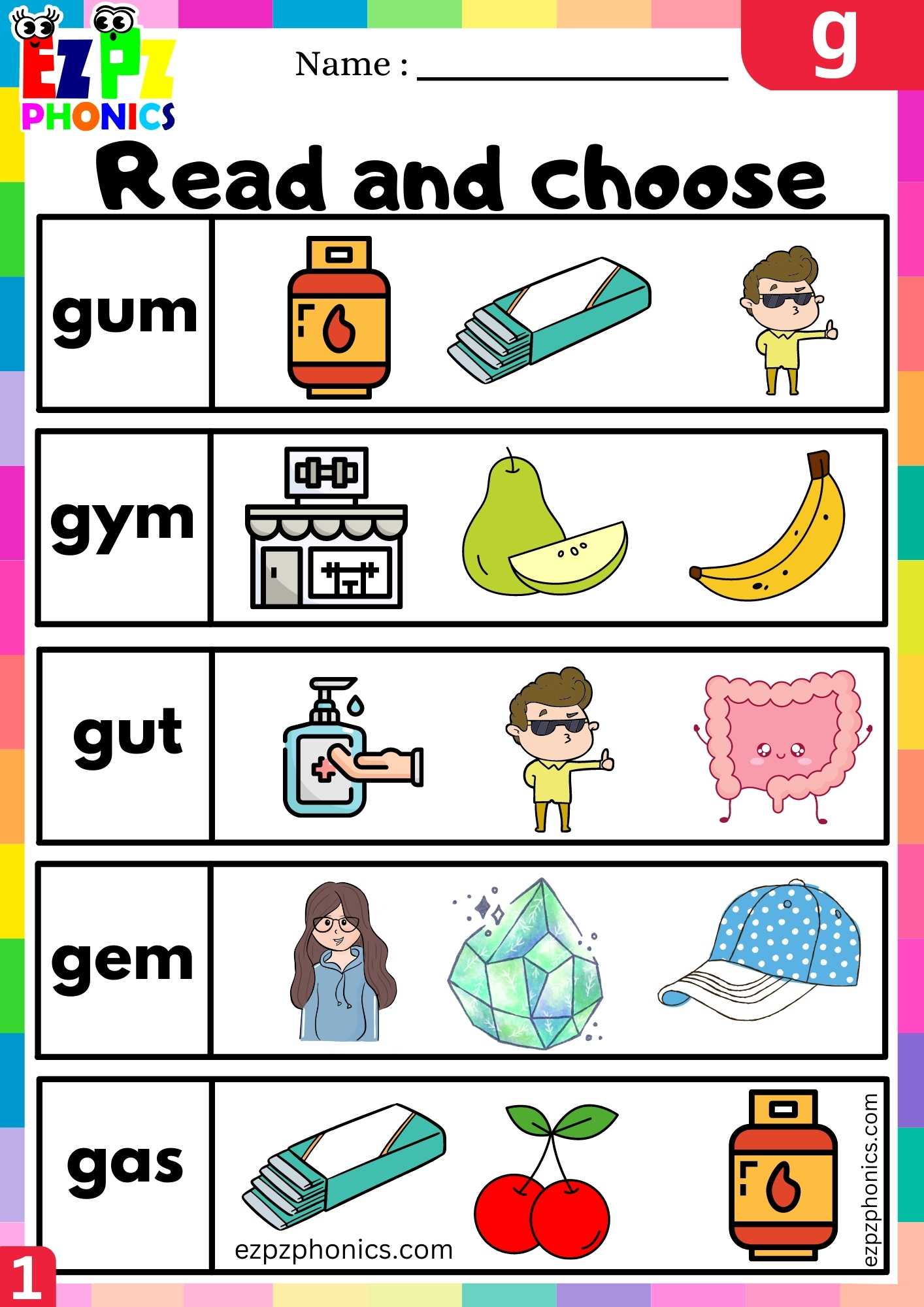 Letter G Read And Choose Beginning Sounds Worksheet - ezpzphonics.com