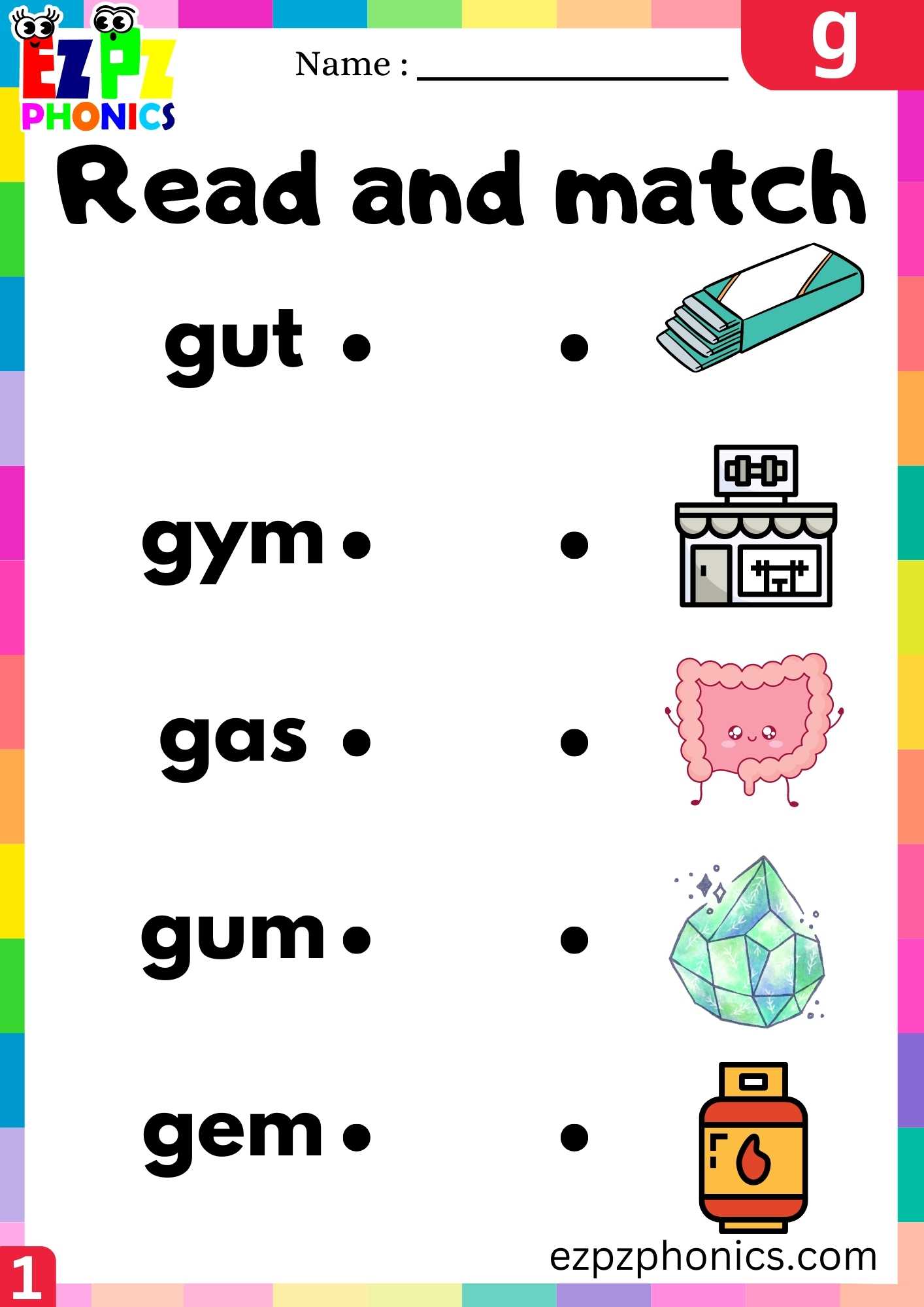 Letter G Read And Match Beginning Sounds Worksheet - ezpzphonics.com