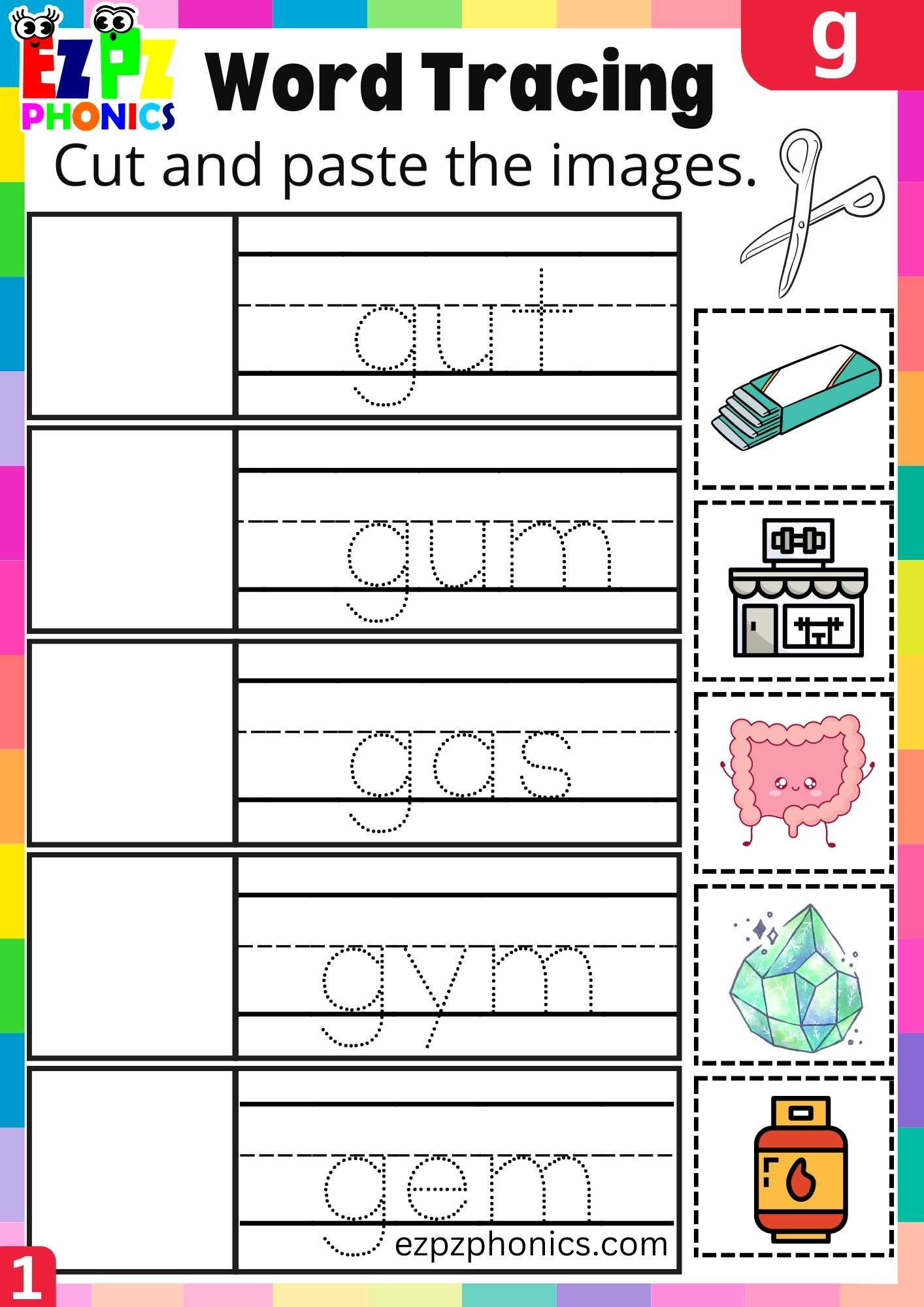 Letter G Word Tracing Beginning Sounds Worksheet - ezpzphonics.com