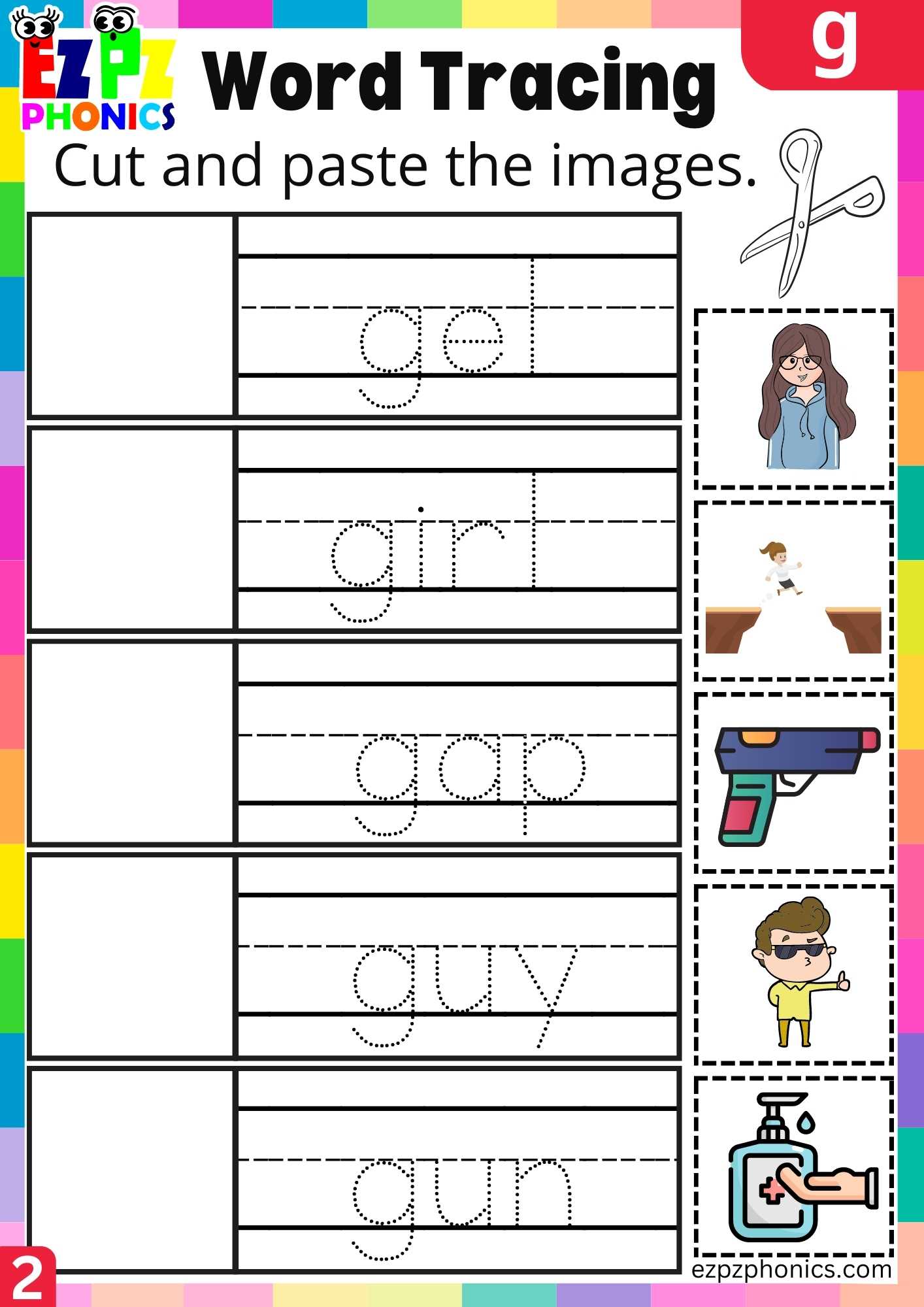 Group2 Letter G Word Tracing Beginning Sounds Worksheet - ezpzphonics.com