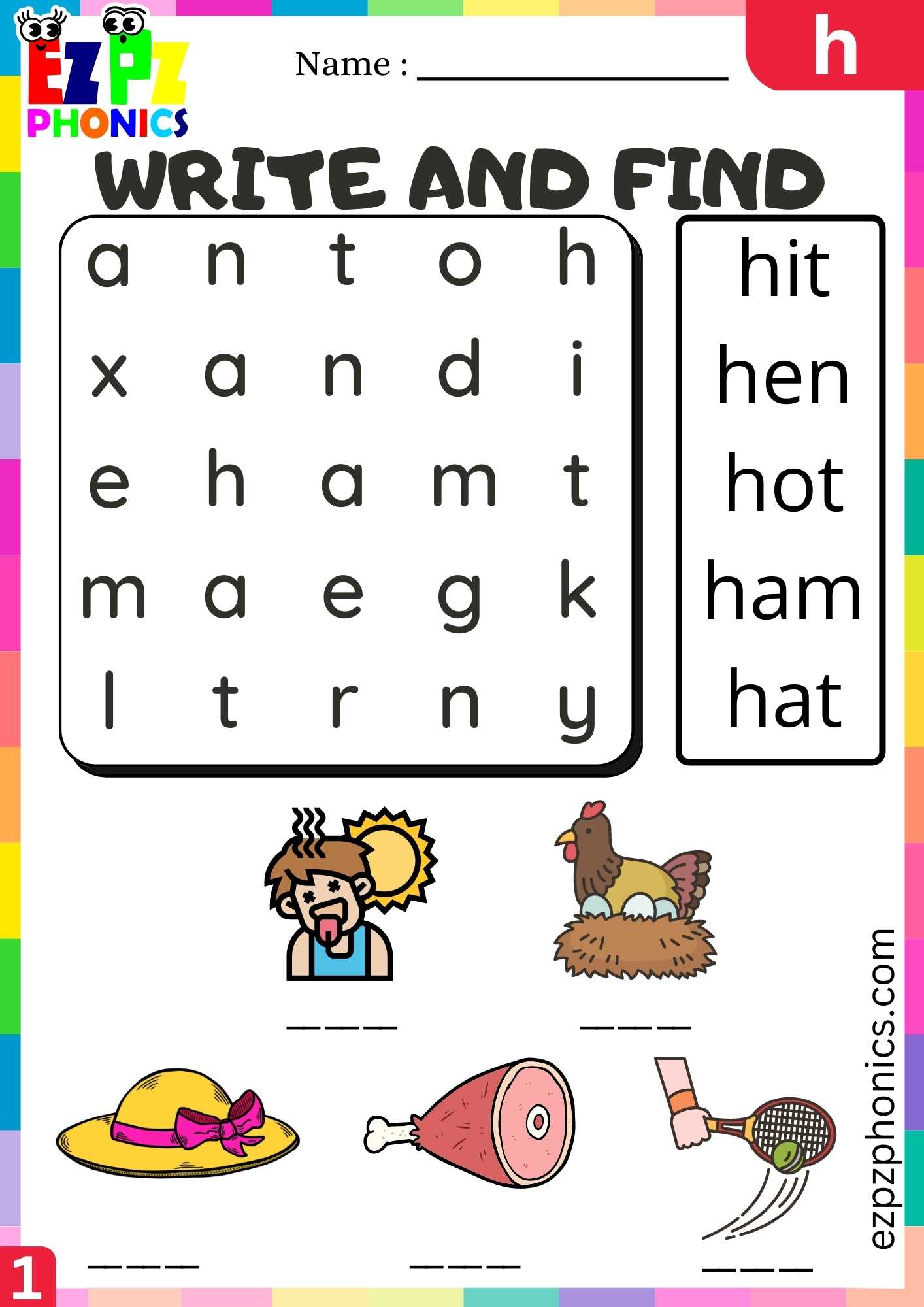 Letter H Write And Find Beginning Sounds Worksheet - ezpzphonics.com