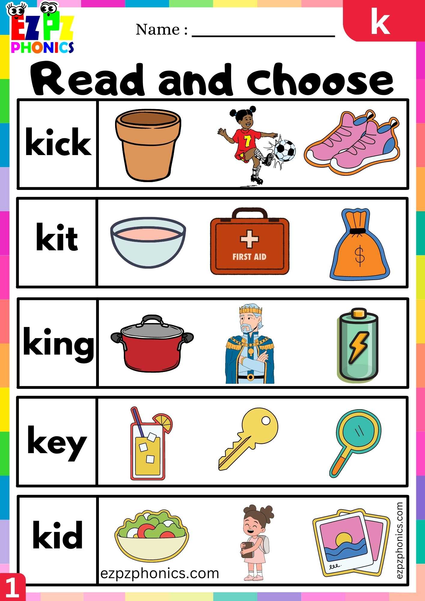 Letter K Read And Choose Beginning Sounds Worksheet - ezpzphonics.com