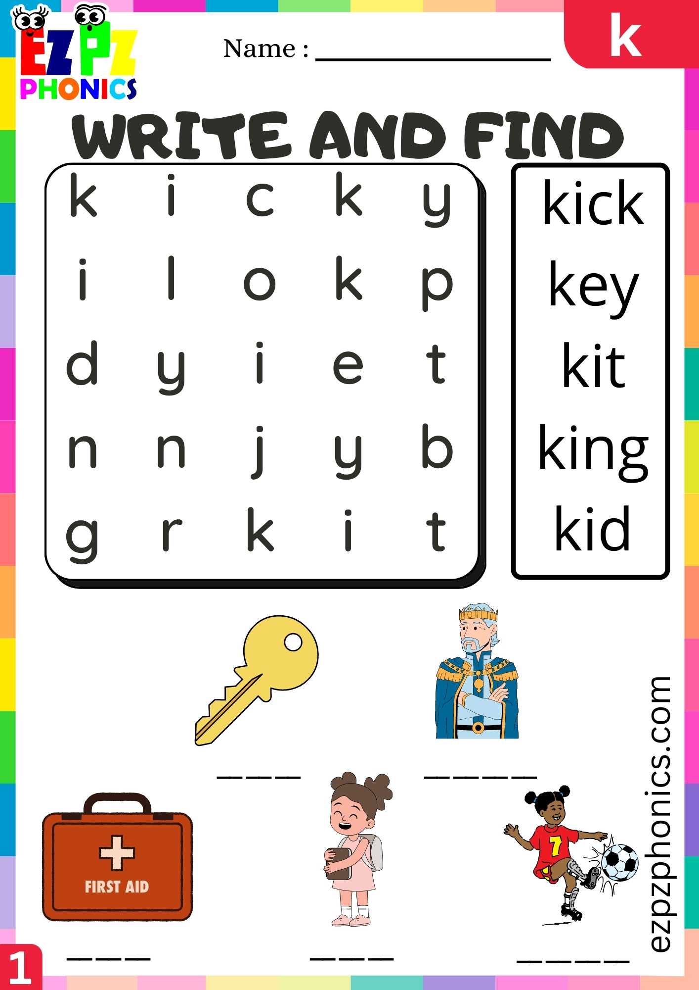 Letter K Write And Find Beginning Sounds Worksheet - ezpzphonics.com