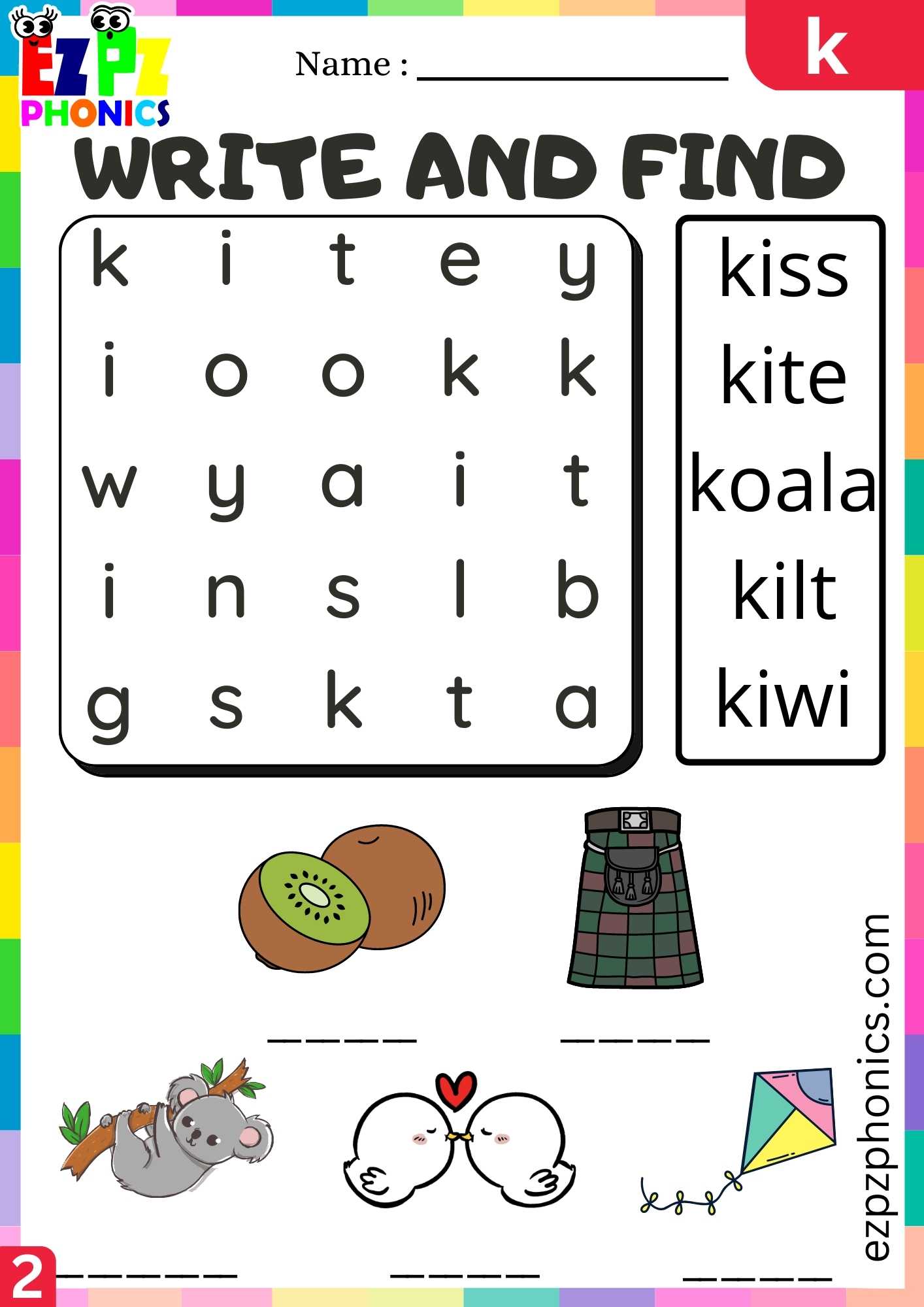 Group2 Letter K Write And Find Beginning Sounds Worksheet - ezpzphonics.com