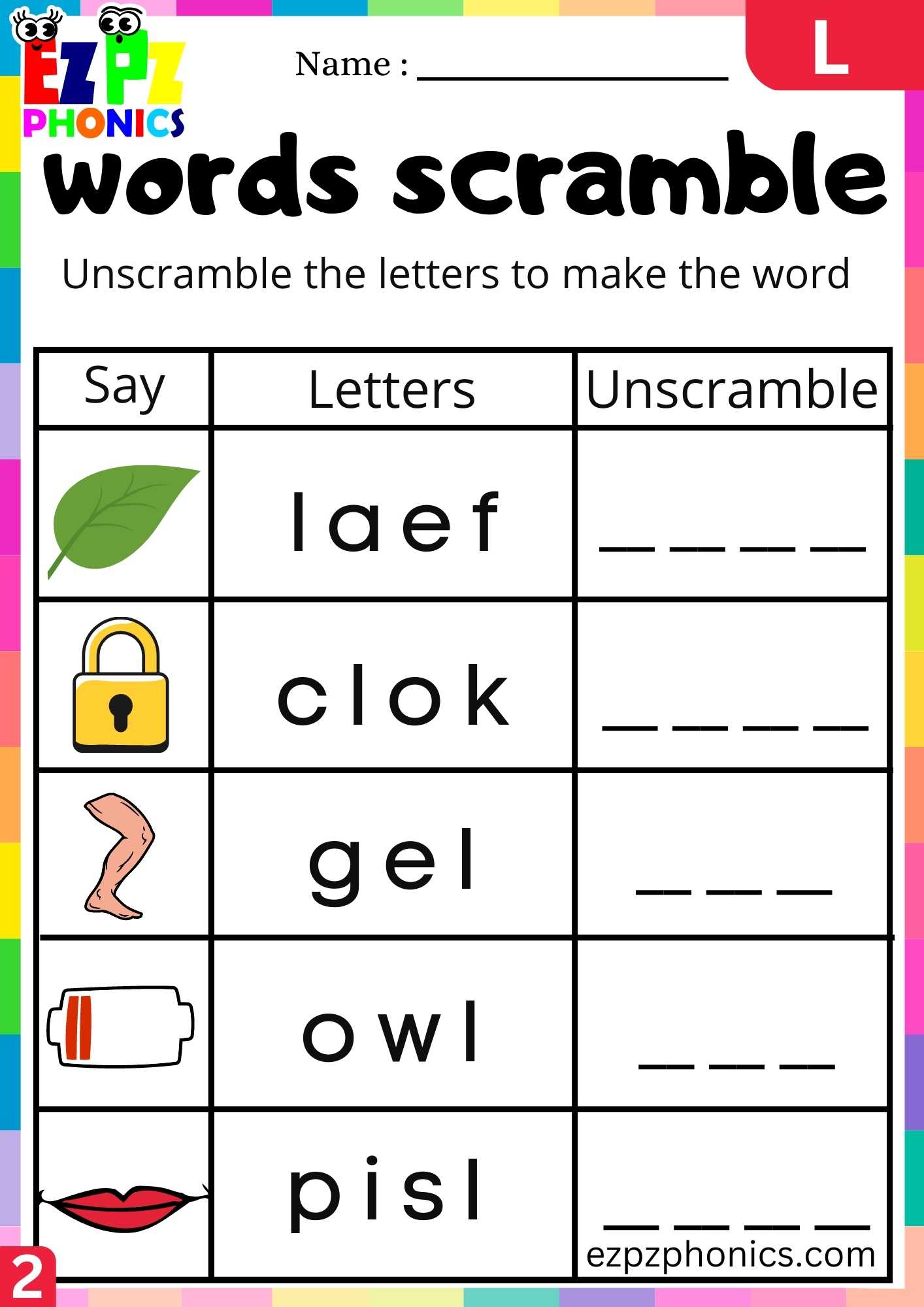 Group2 Letter L Words Scramble Beginning Sounds Worksheet - ezpzphonics.com