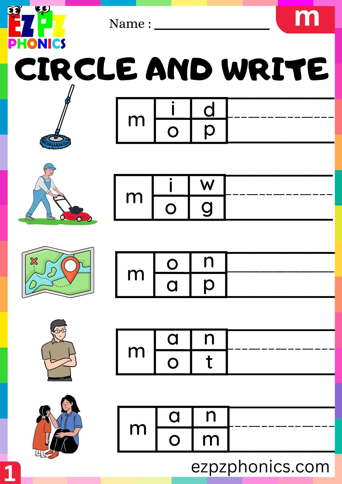 Letter M Circle And Write Beginning Sounds Worksheet - ezpzphonics.com
