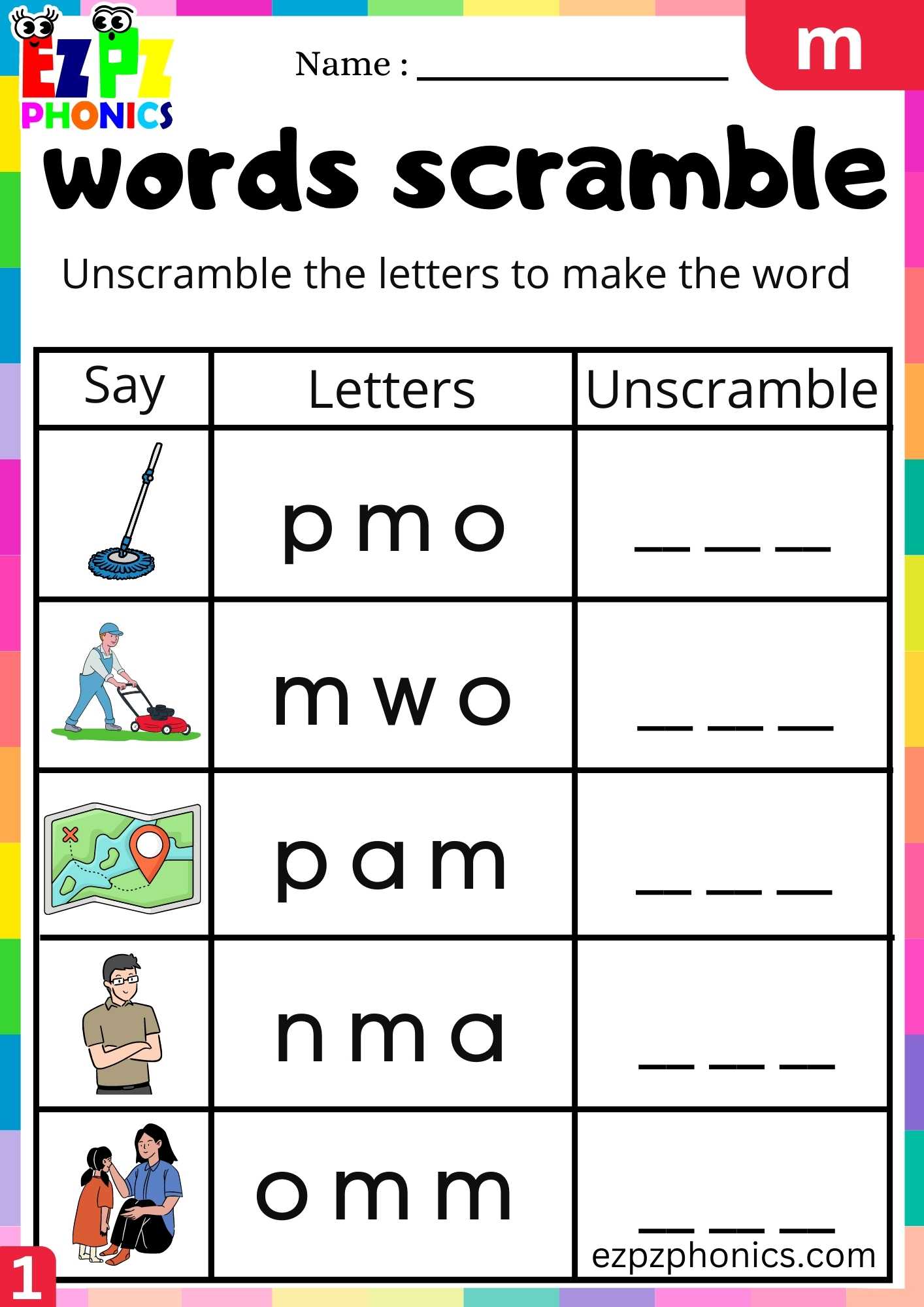 Letter M Words Scramble Beginning Sounds Worksheet - ezpzphonics.com