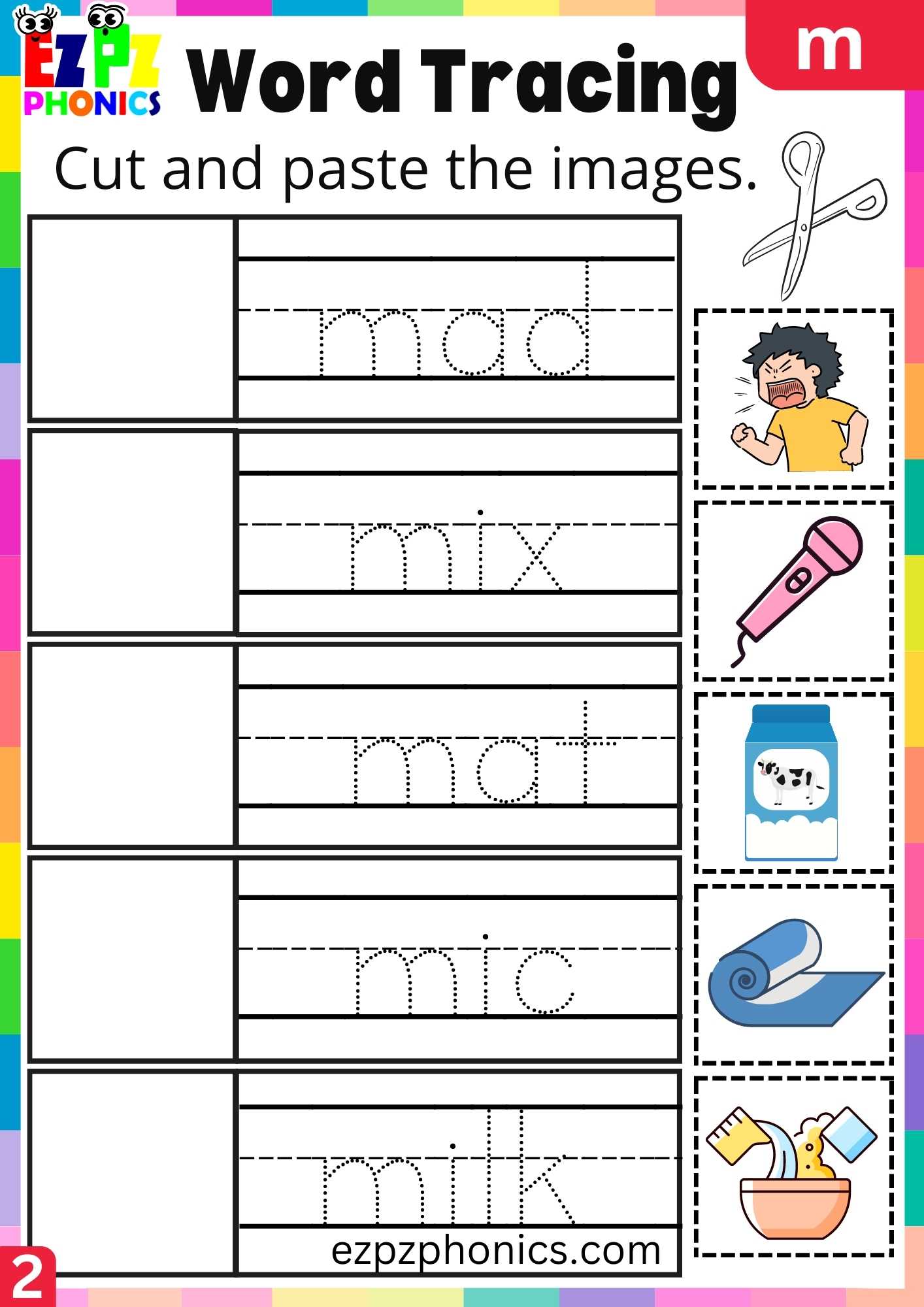 Group2 Letter M Word Tracing Beginning Sounds Worksheet - ezpzphonics.com