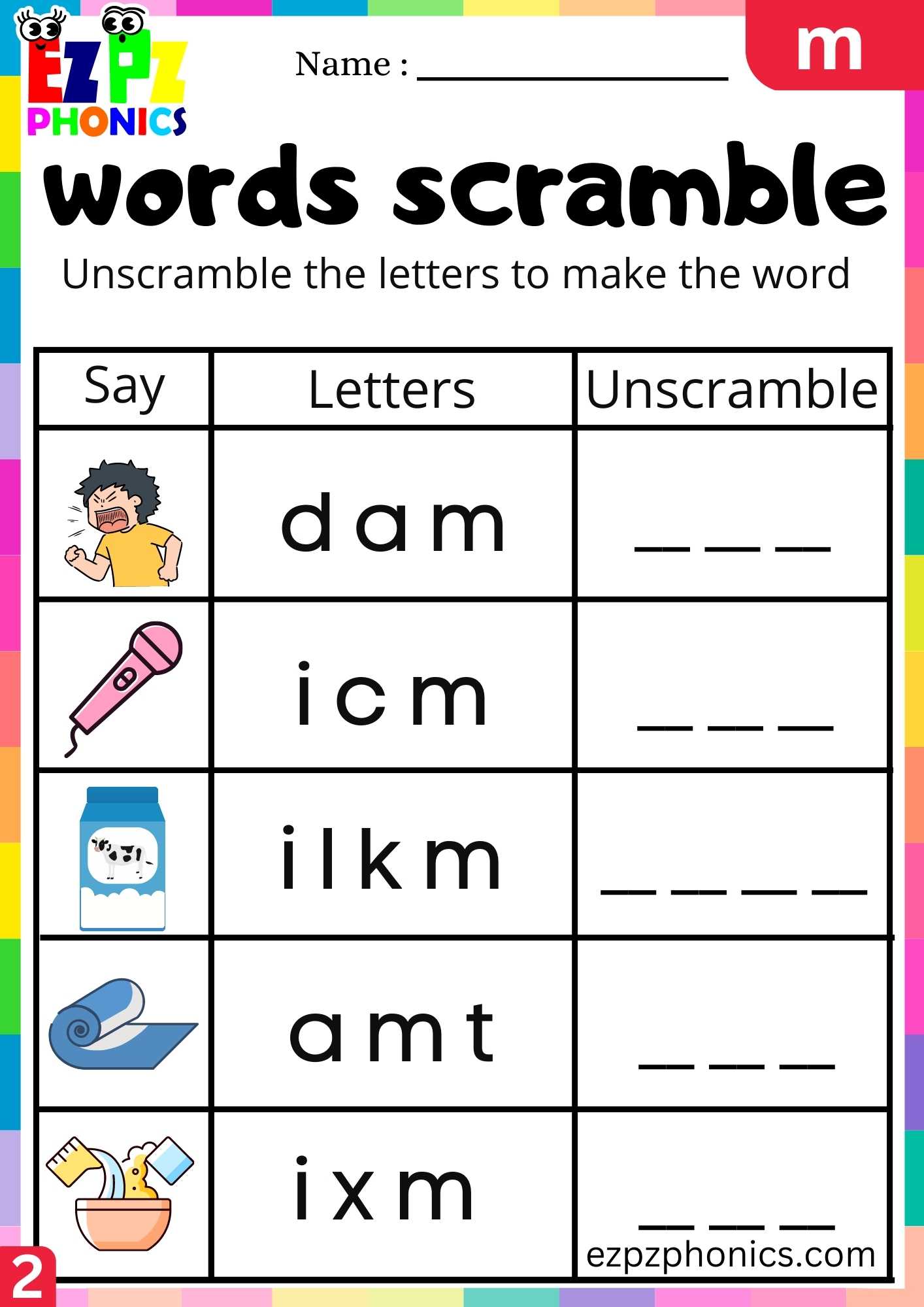 Group2 Letter M Words Scramble Beginning Sounds Worksheet - ezpzphonics.com