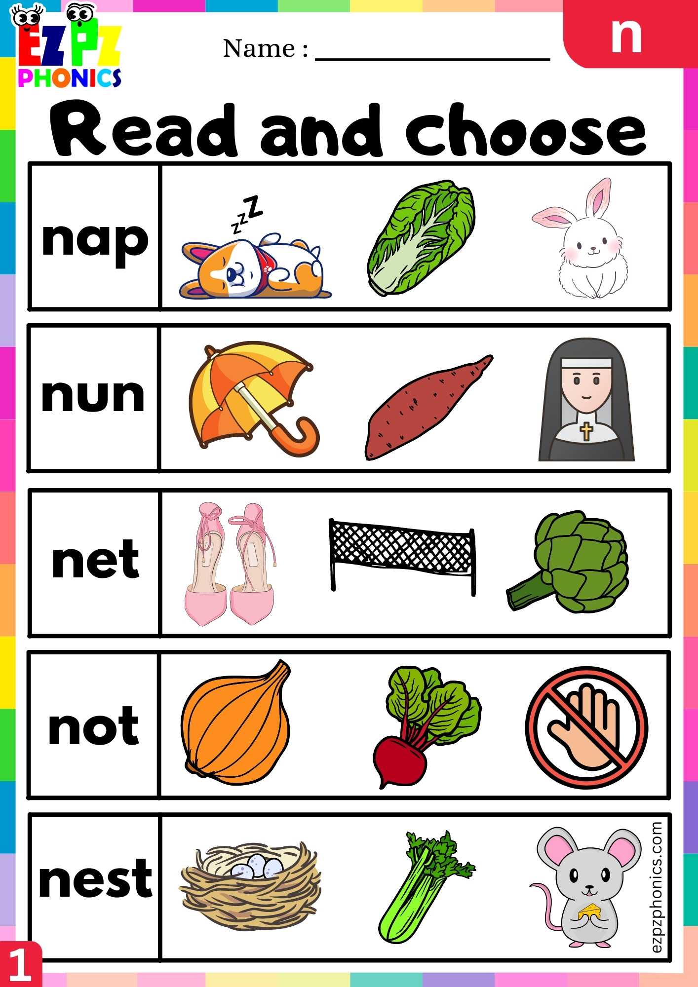 Letter N Read And Choose Beginning Sounds Worksheet - ezpzphonics.com