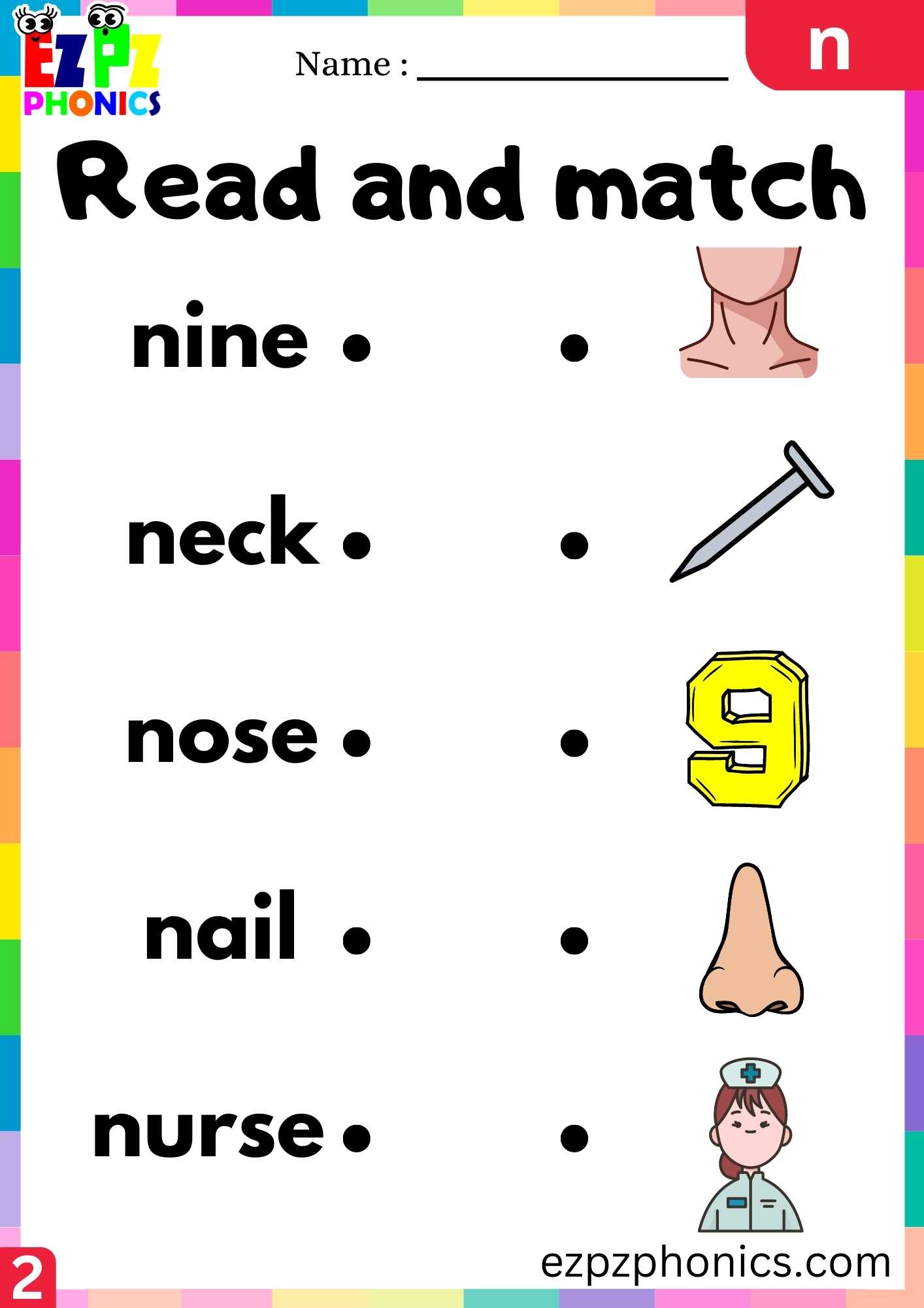 Group2 Letter N Read And Match Beginning Sounds Worksheet - ezpzphonics.com