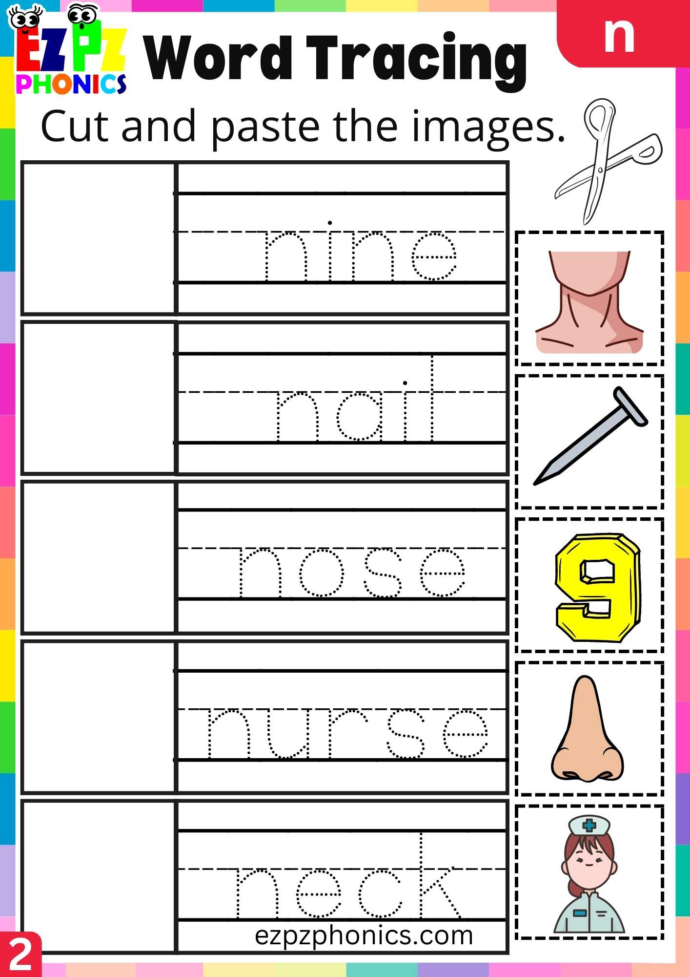 Group2 Letter N Word Tracing Beginning Sounds Worksheet - ezpzphonics.com