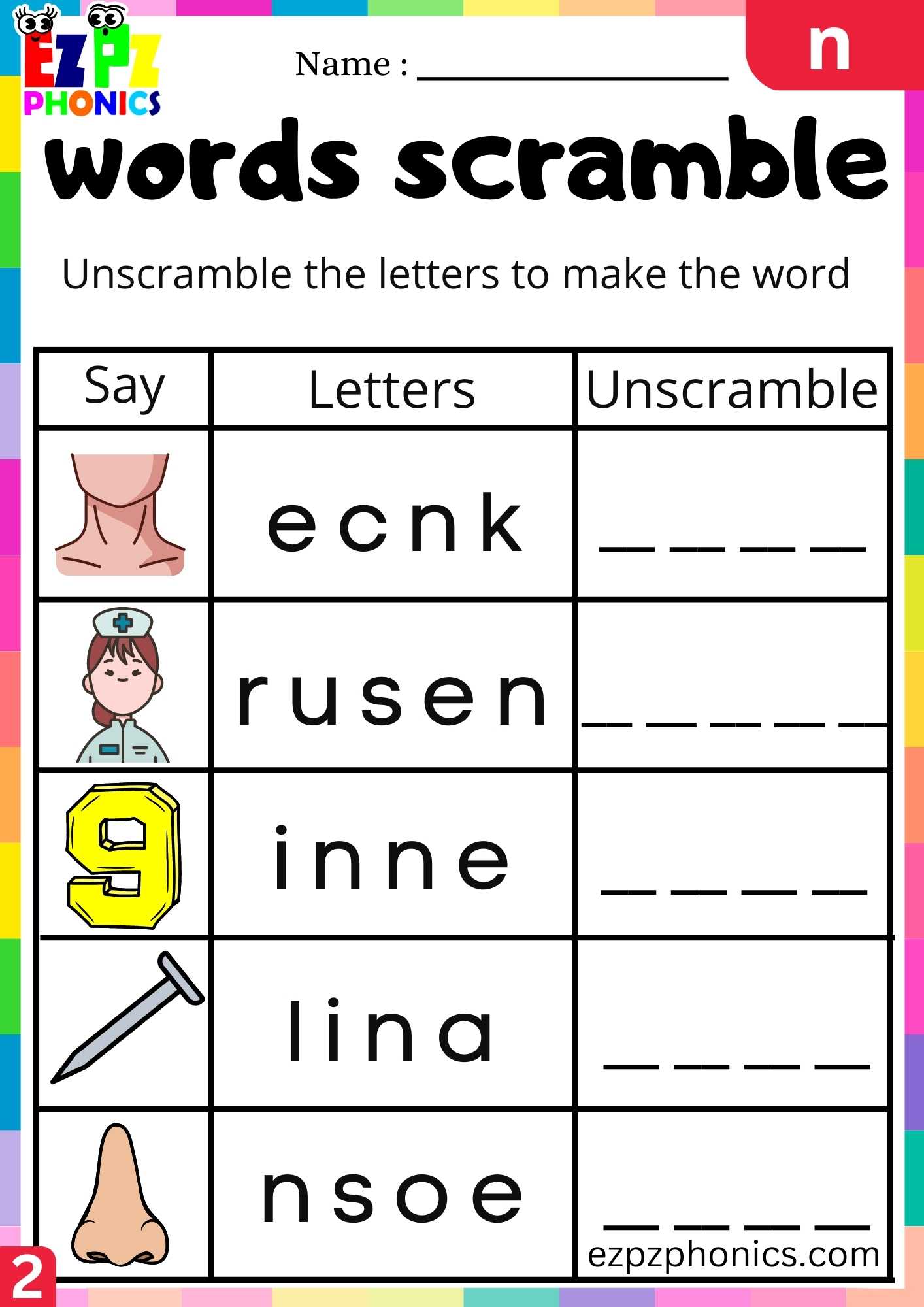 Group2 Letter N Words Scramble Beginning Sounds Worksheet - ezpzphonics.com