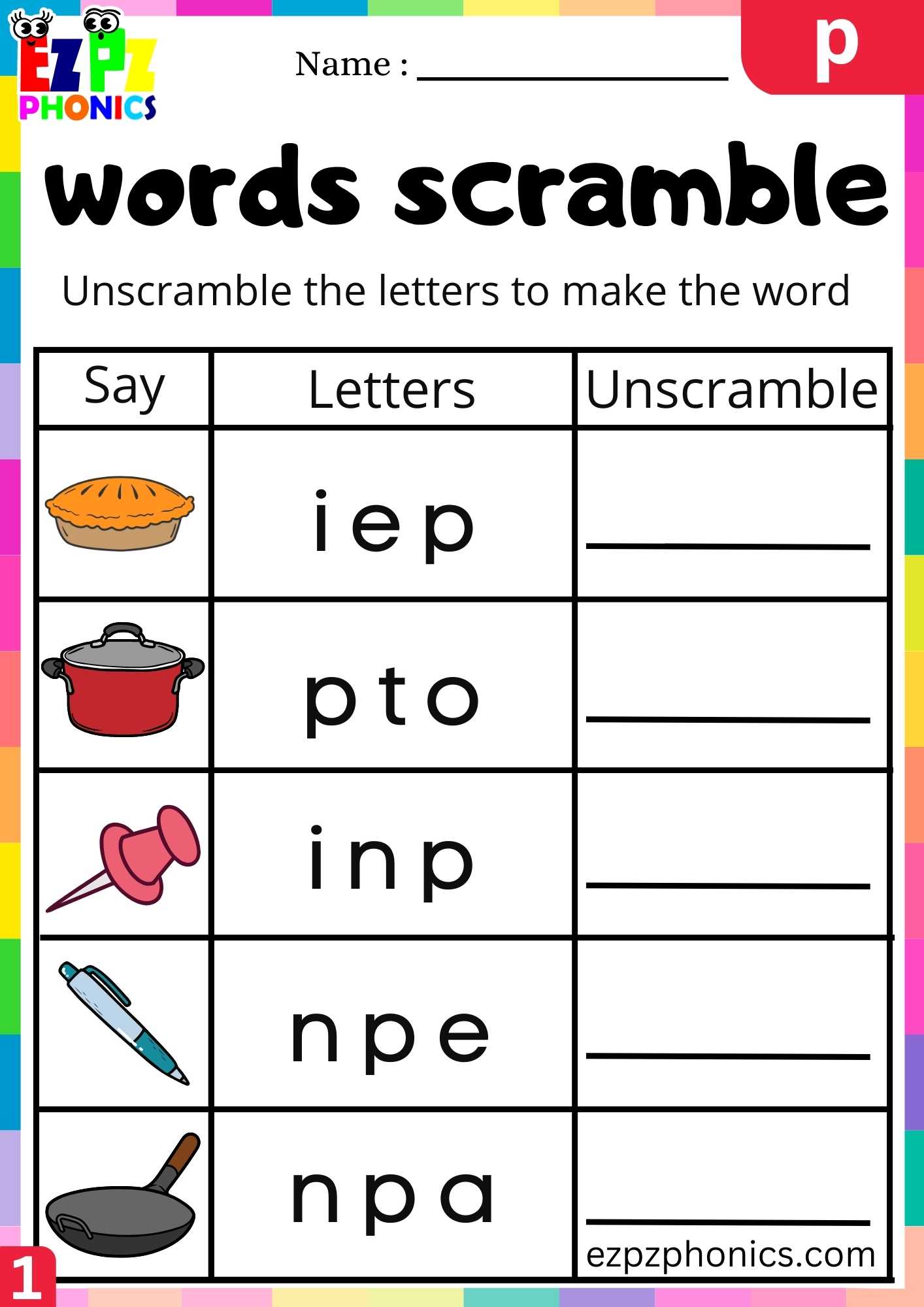 Letter P Words Scramble Beginning Sounds Worksheet - ezpzphonics.com
