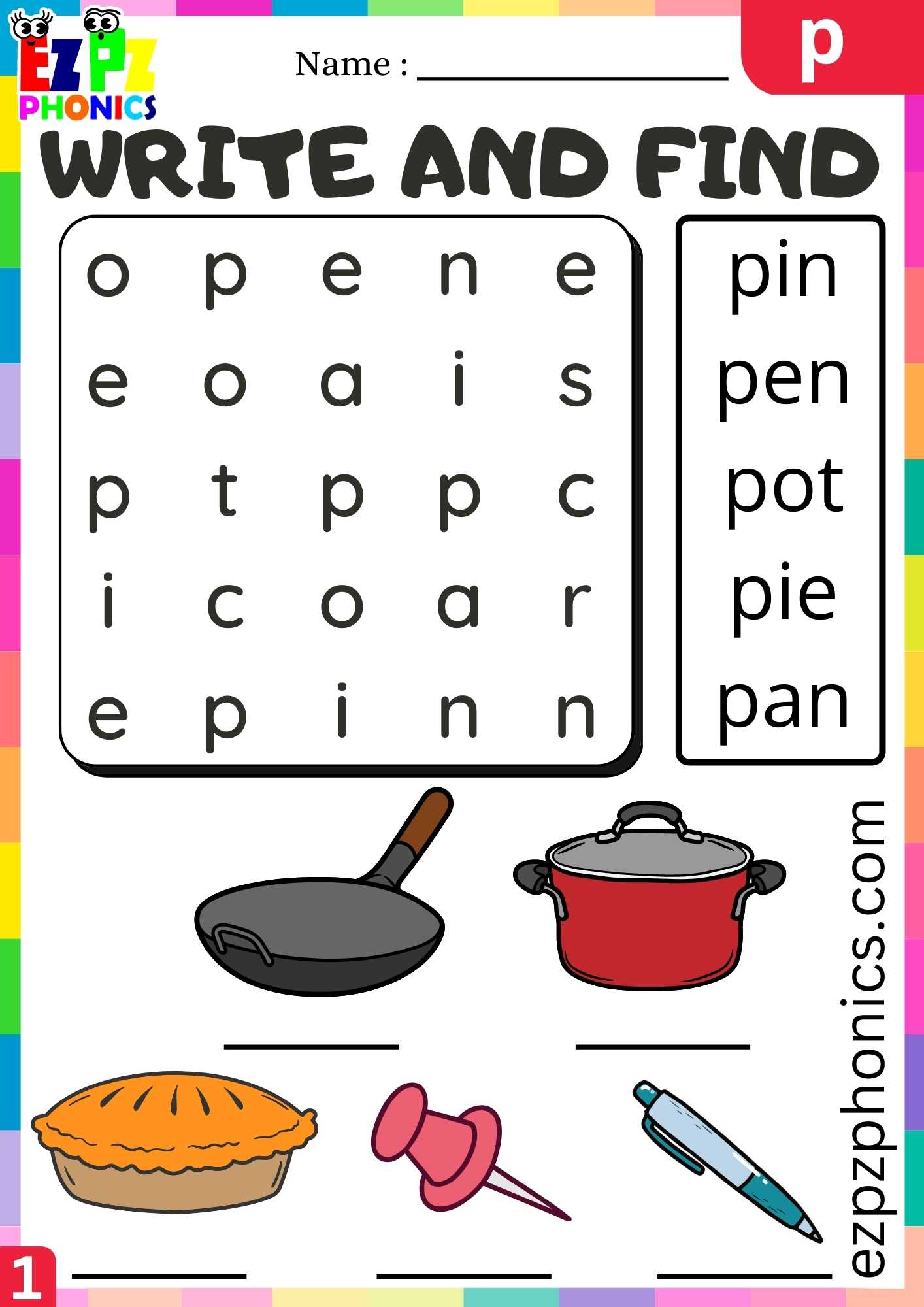 Letter P Write And Find Beginning Sounds Worksheet - ezpzphonics.com
