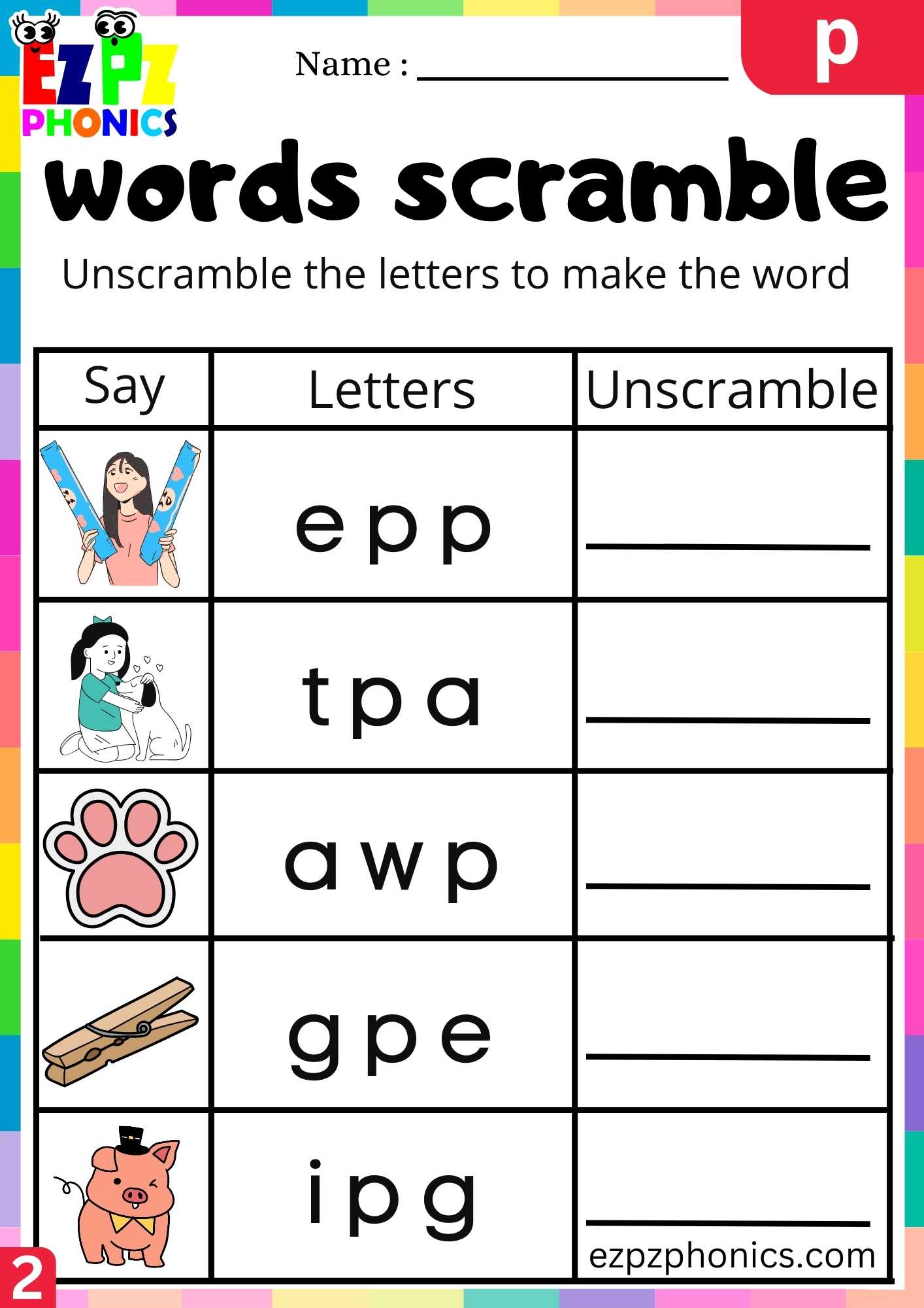 Group2 Letter P Words Scramble Beginning Sounds Worksheet - ezpzphonics.com