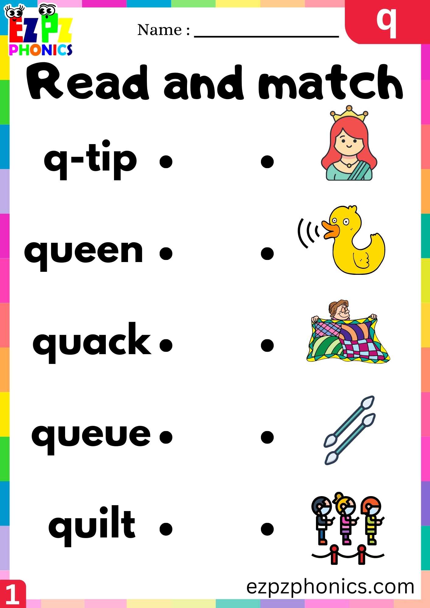 Letter Q Read And Match Beginning Sounds Worksheet - ezpzphonics.com
