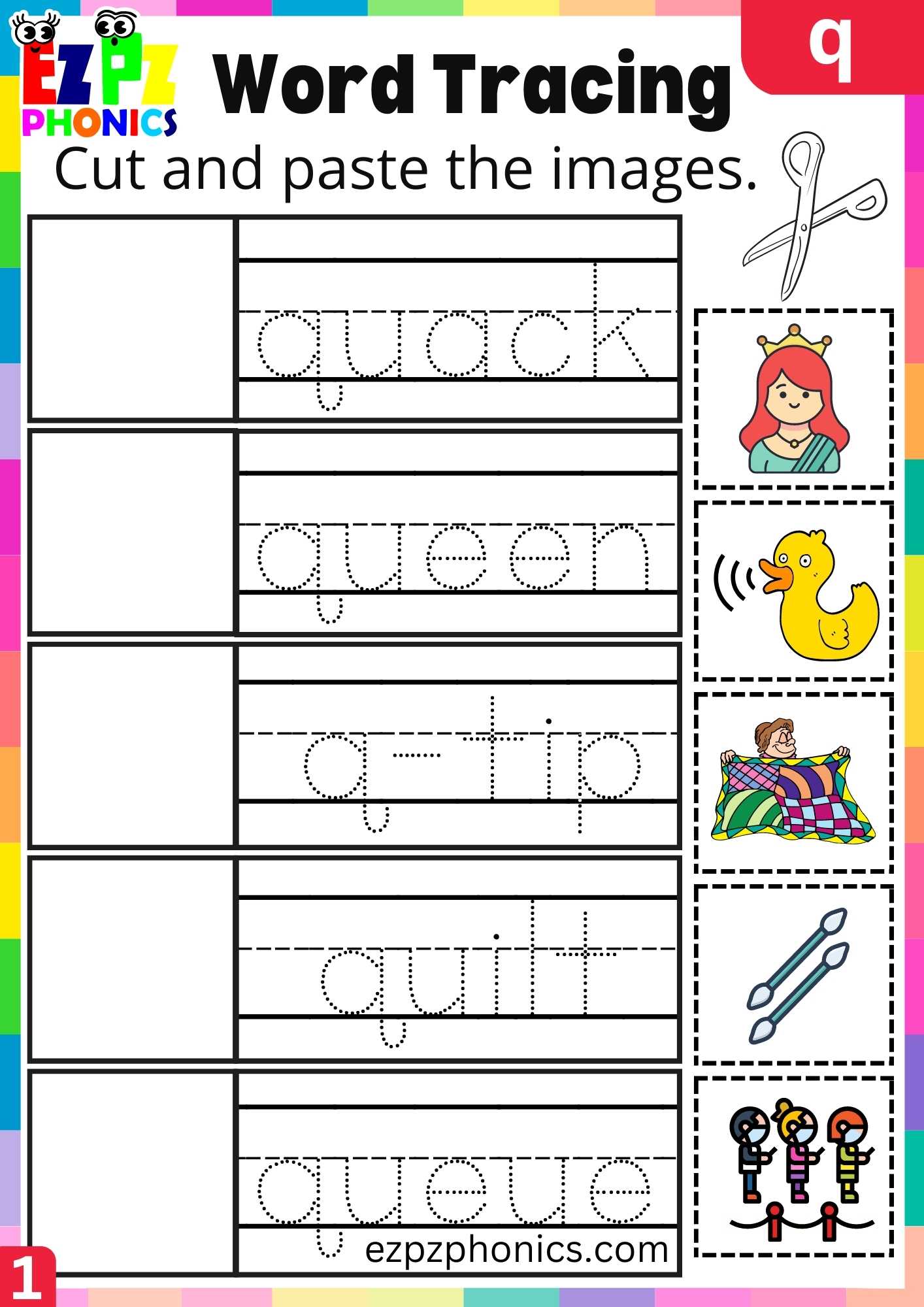 Letter Q Word Tracing Beginning Sounds Worksheet - ezpzphonics.com