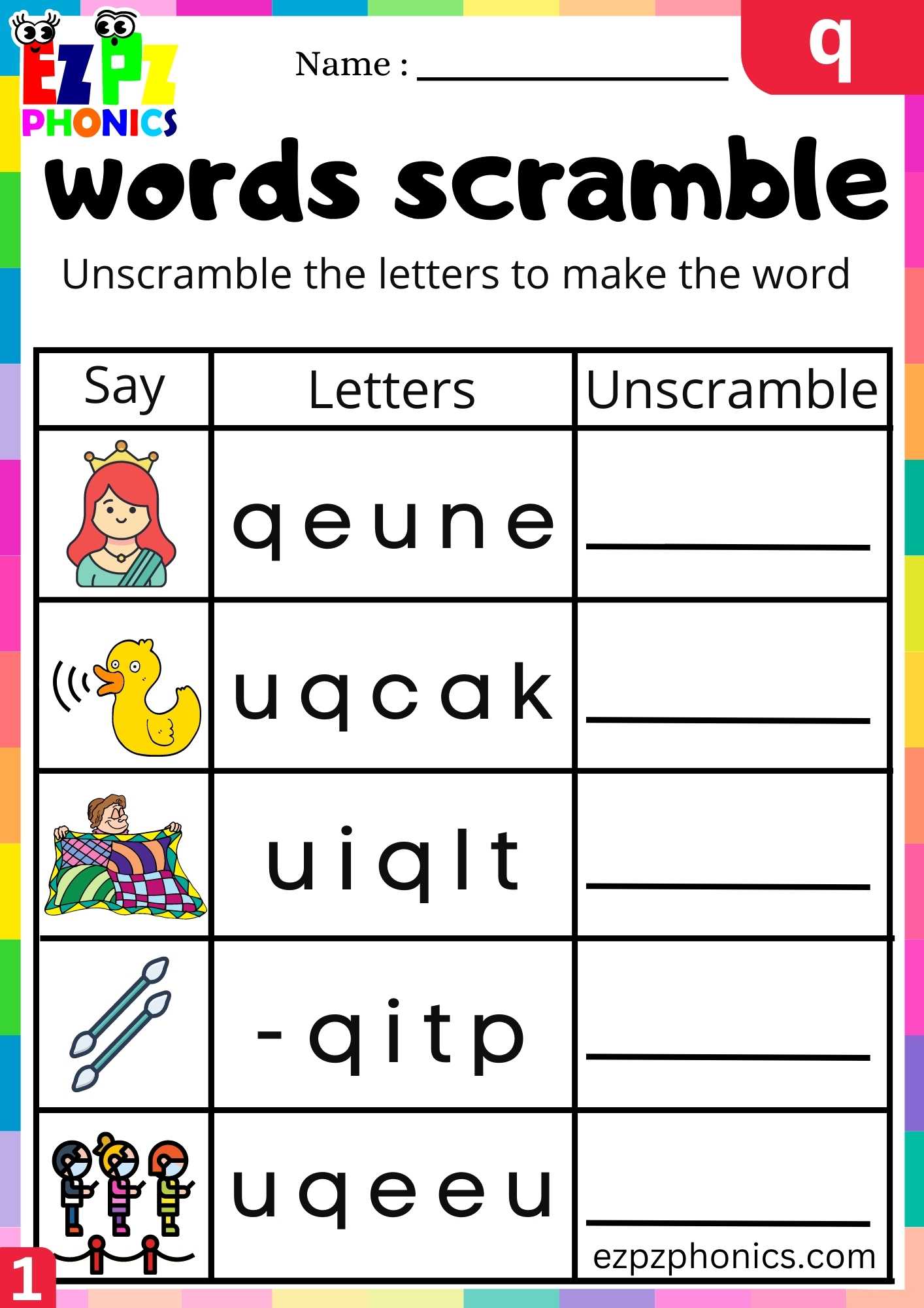 Letter Q Words Scramble Beginning Sounds Worksheet - ezpzphonics.com