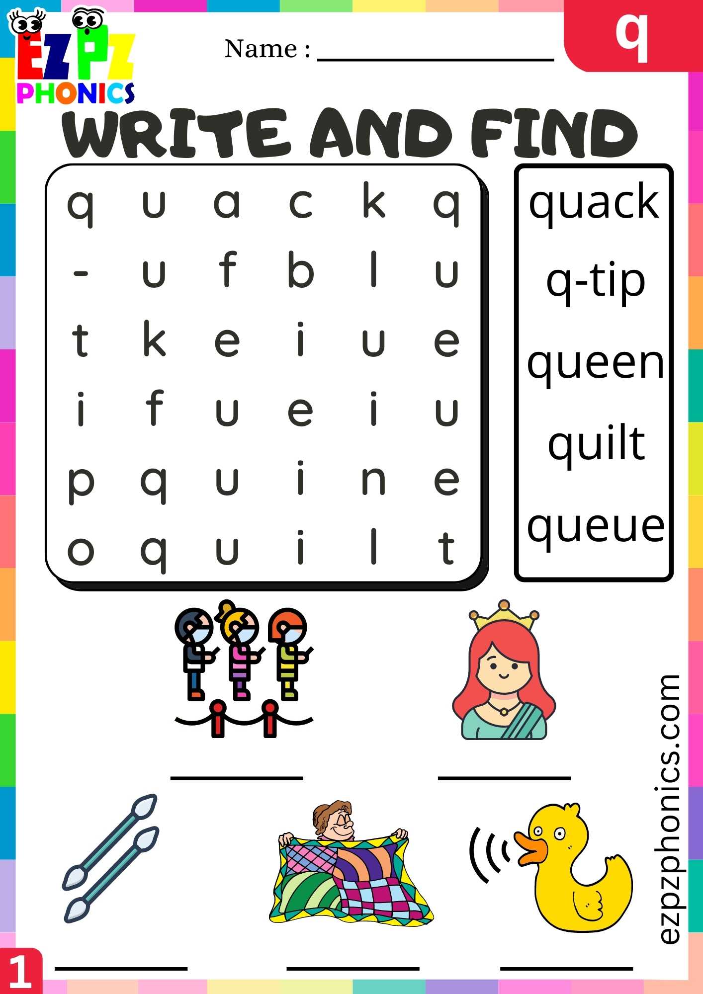 Letter Q Write And Find Beginning Sounds Worksheet - ezpzphonics.com