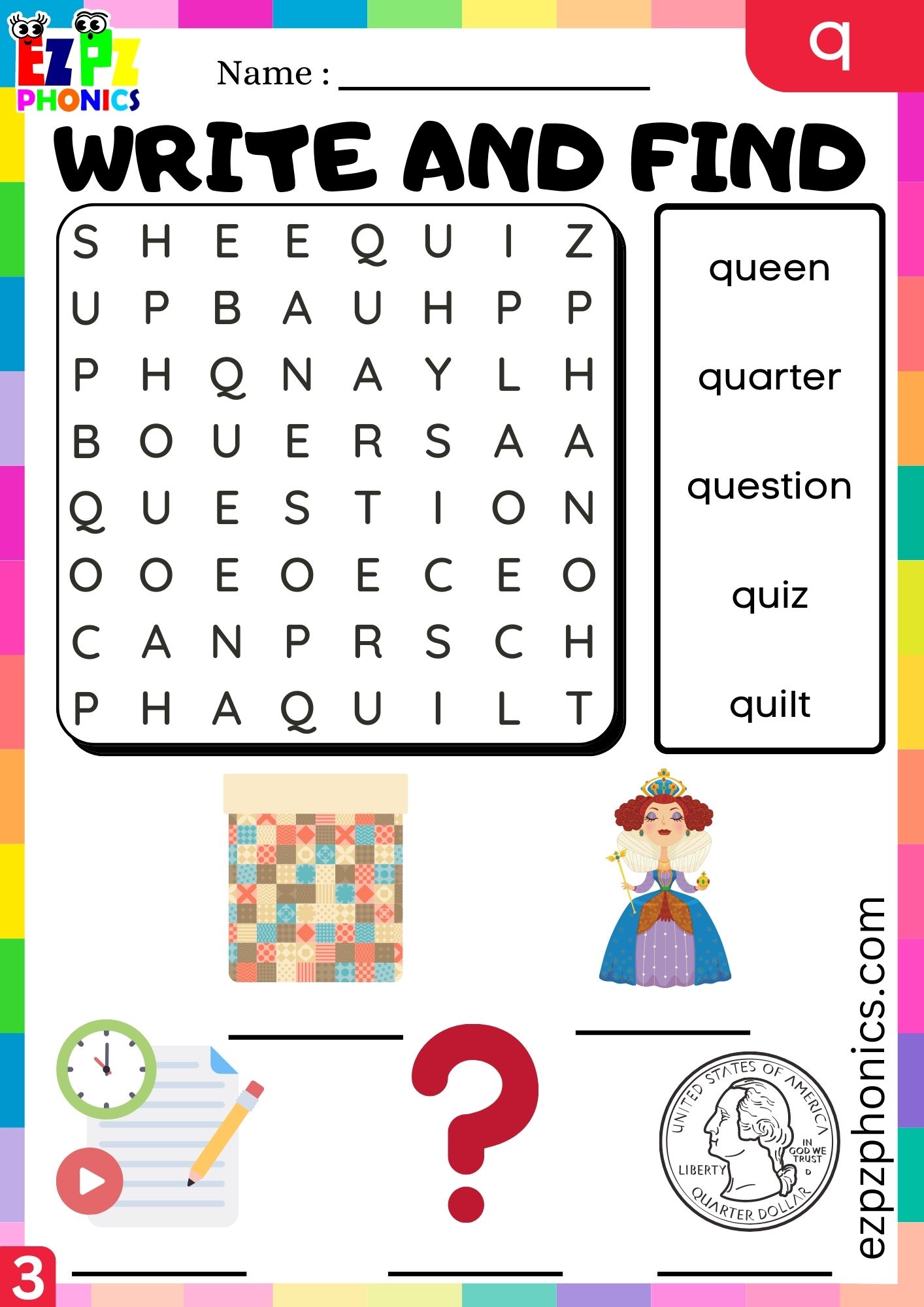 Letter q Word Search Write and Find the Words Group 3 - ezpzphonics.com