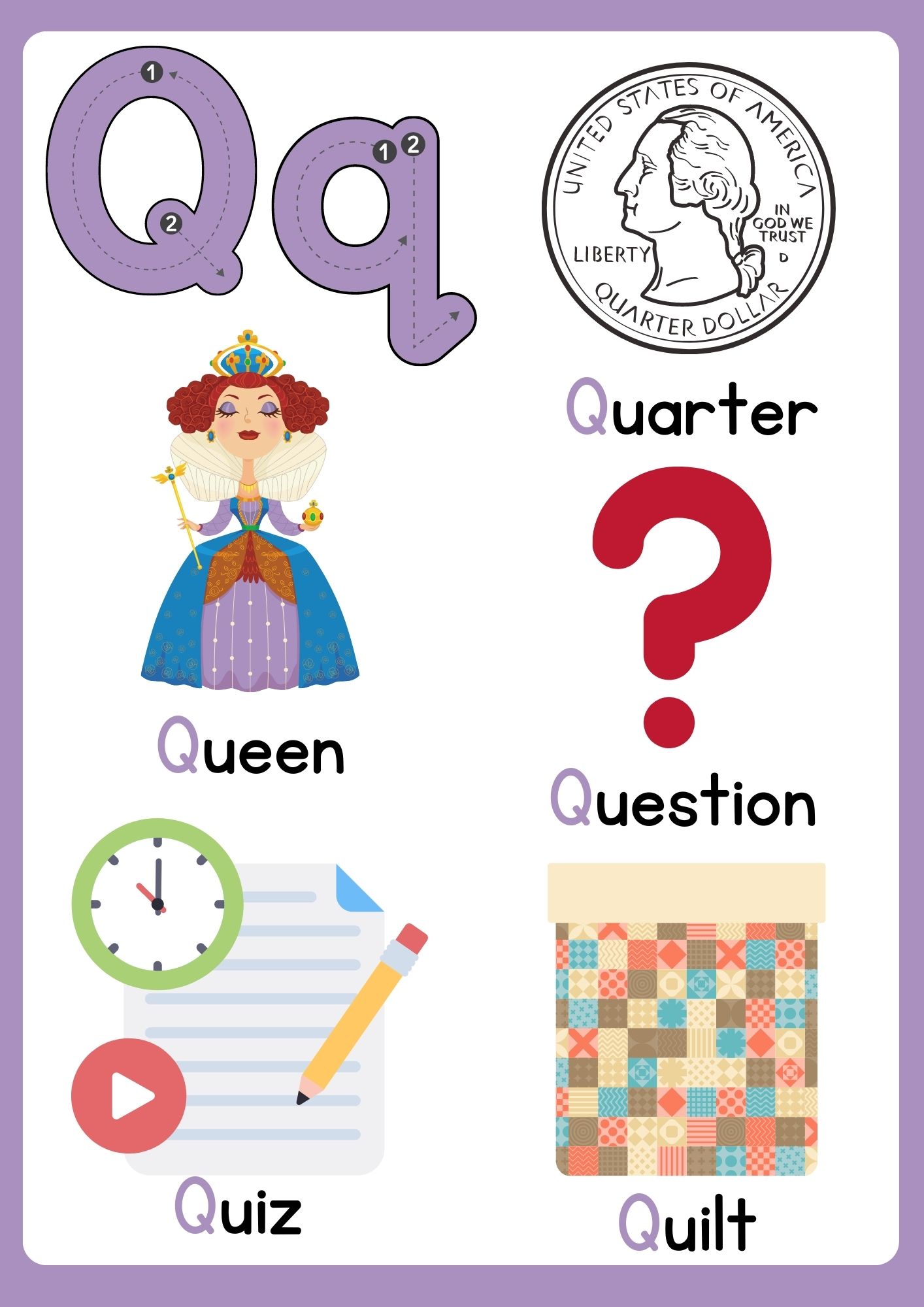 Letter q flashcard with words 3 - ezpzphonics.com