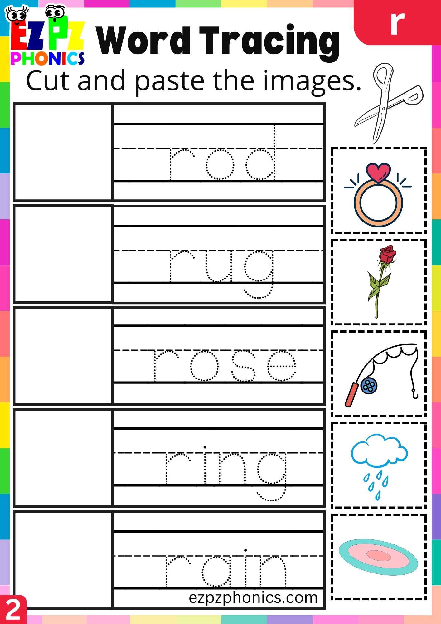 Group2 Letter R Word Tracing Beginning Sounds Worksheet - ezpzphonics.com