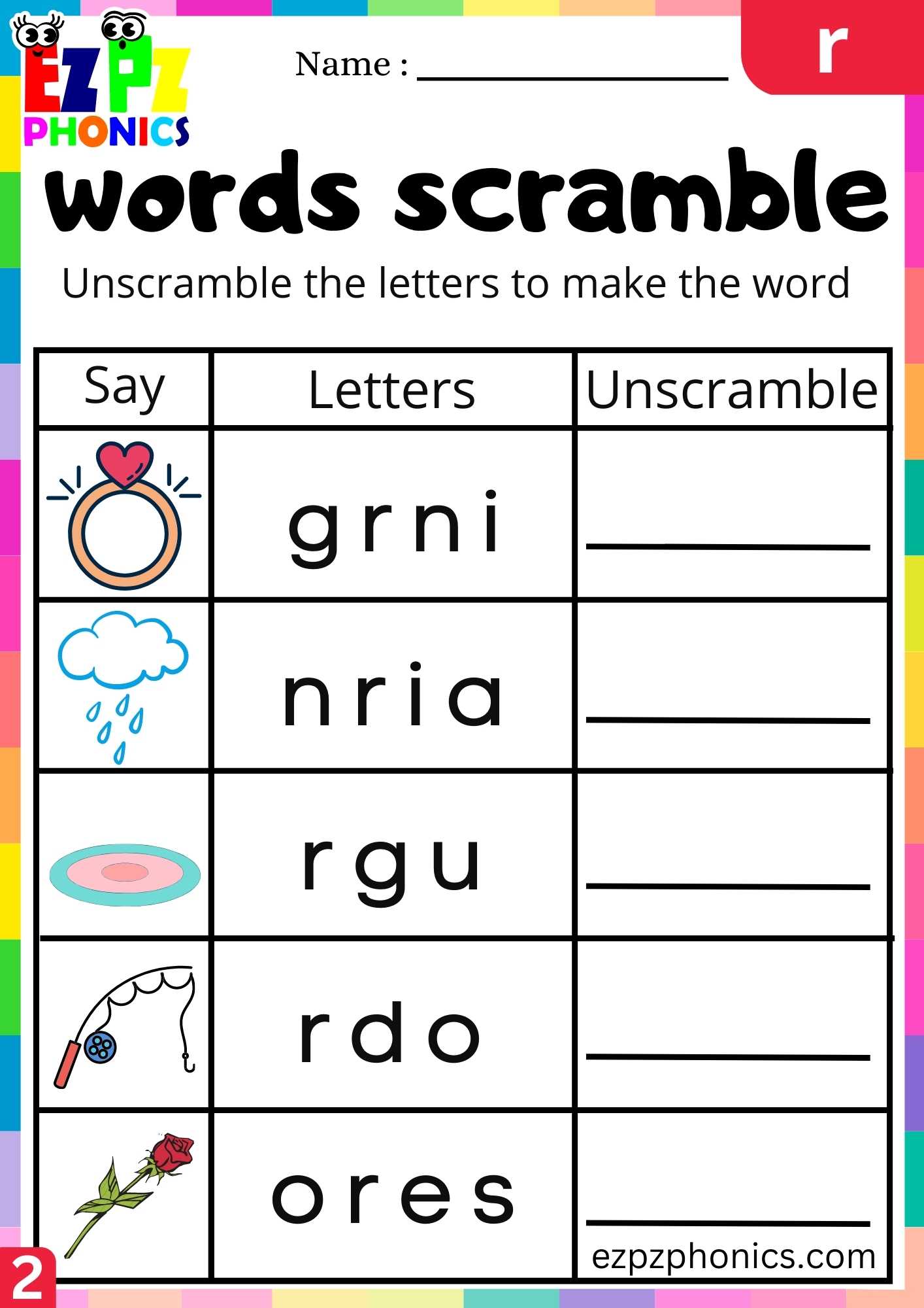 Group2 Letter R Words Scramble Beginning Sounds Worksheet - ezpzphonics.com