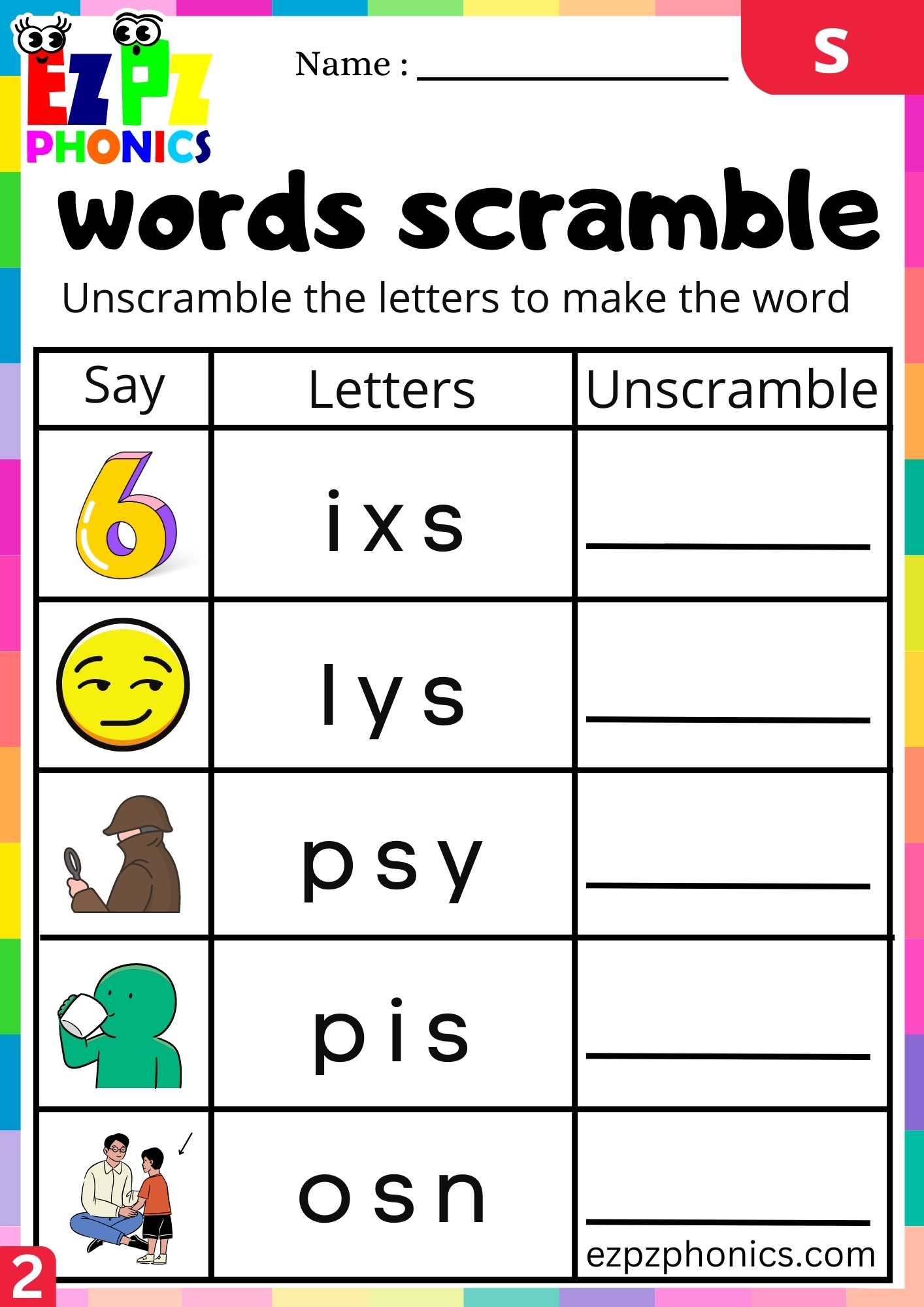 Group2 Letter S Words Scramble Beginning Sounds Worksheet - ezpzphonics.com