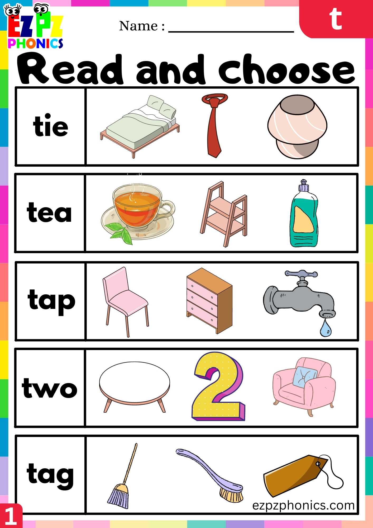 Letter T Read And Choose Beginning Sounds Worksheet - ezpzphonics.com