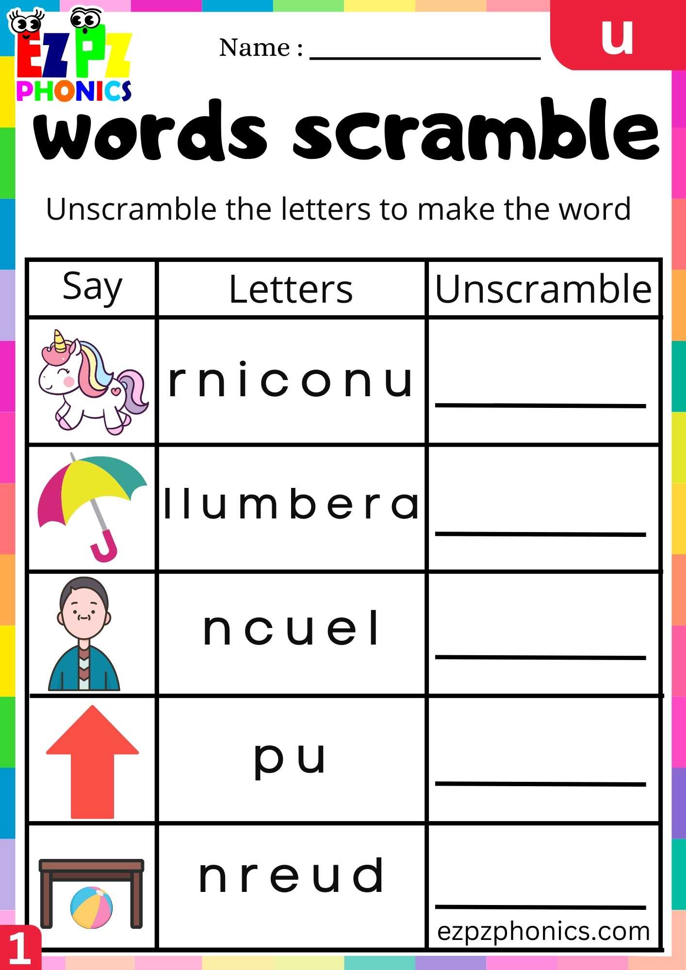 Letter U Words Scramble Beginning Sounds Worksheet - ezpzphonics.com