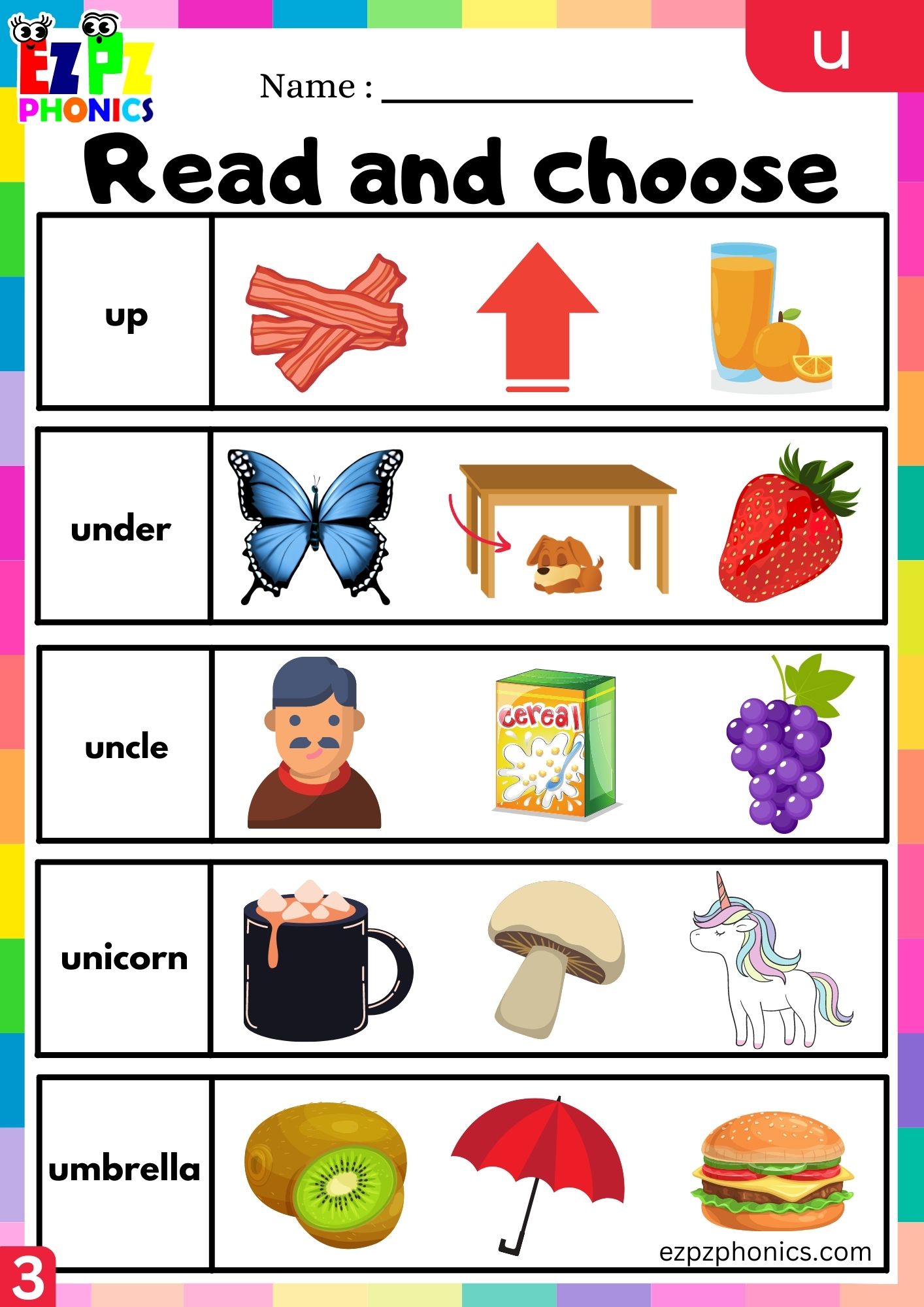 Letter u Read and Choose the Correct Images Group 3 - ezpzphonics.com