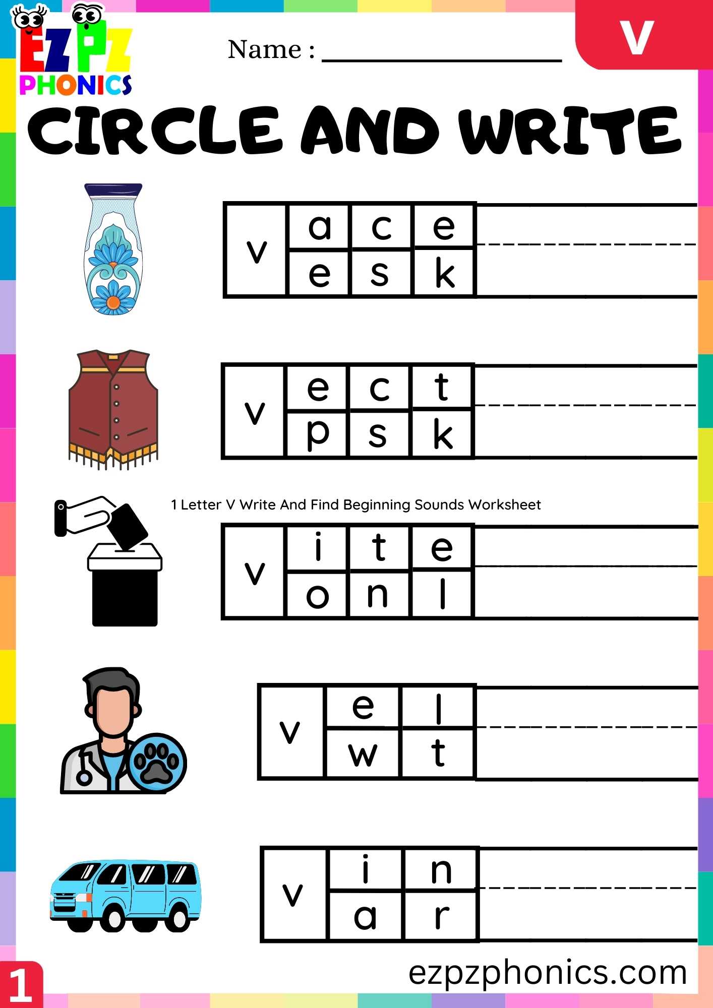 Letter V Circle And Write Beginning Sounds Worksheet - ezpzphonics.com