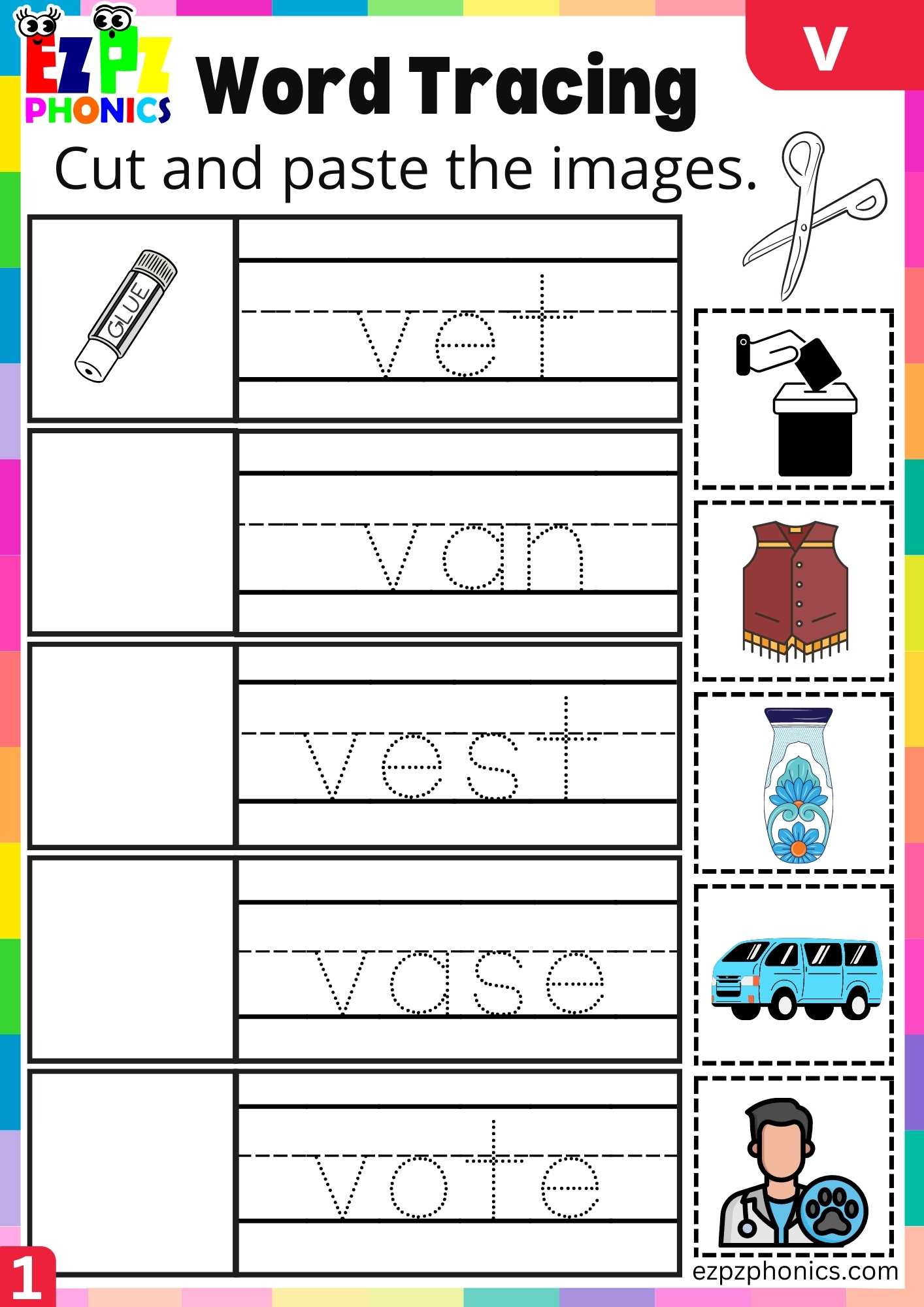Letter V Word Tracing Beginning Sounds Worksheet - ezpzphonics.com