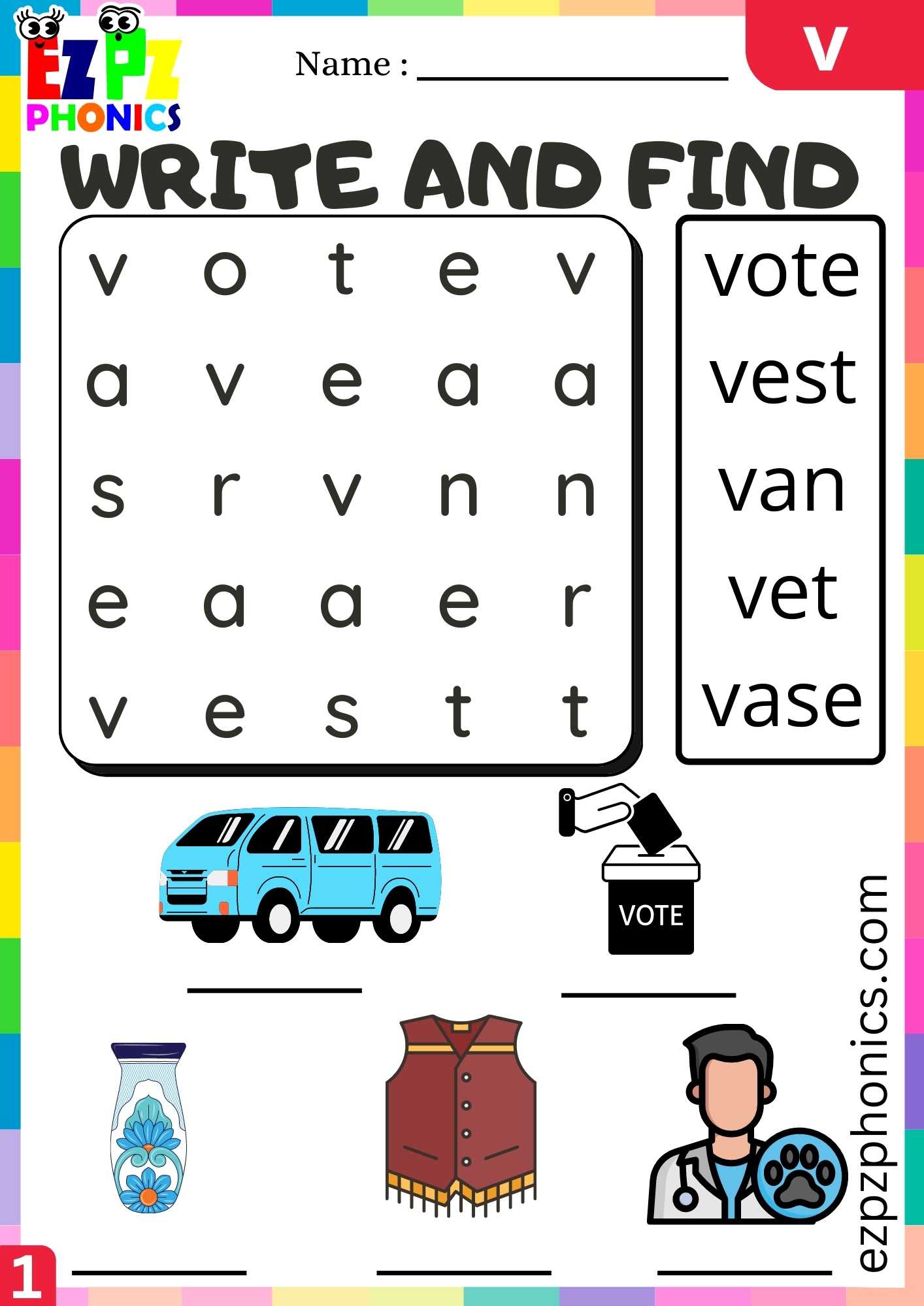 Letter V Write And Find Beginning Sounds Worksheet - ezpzphonics.com