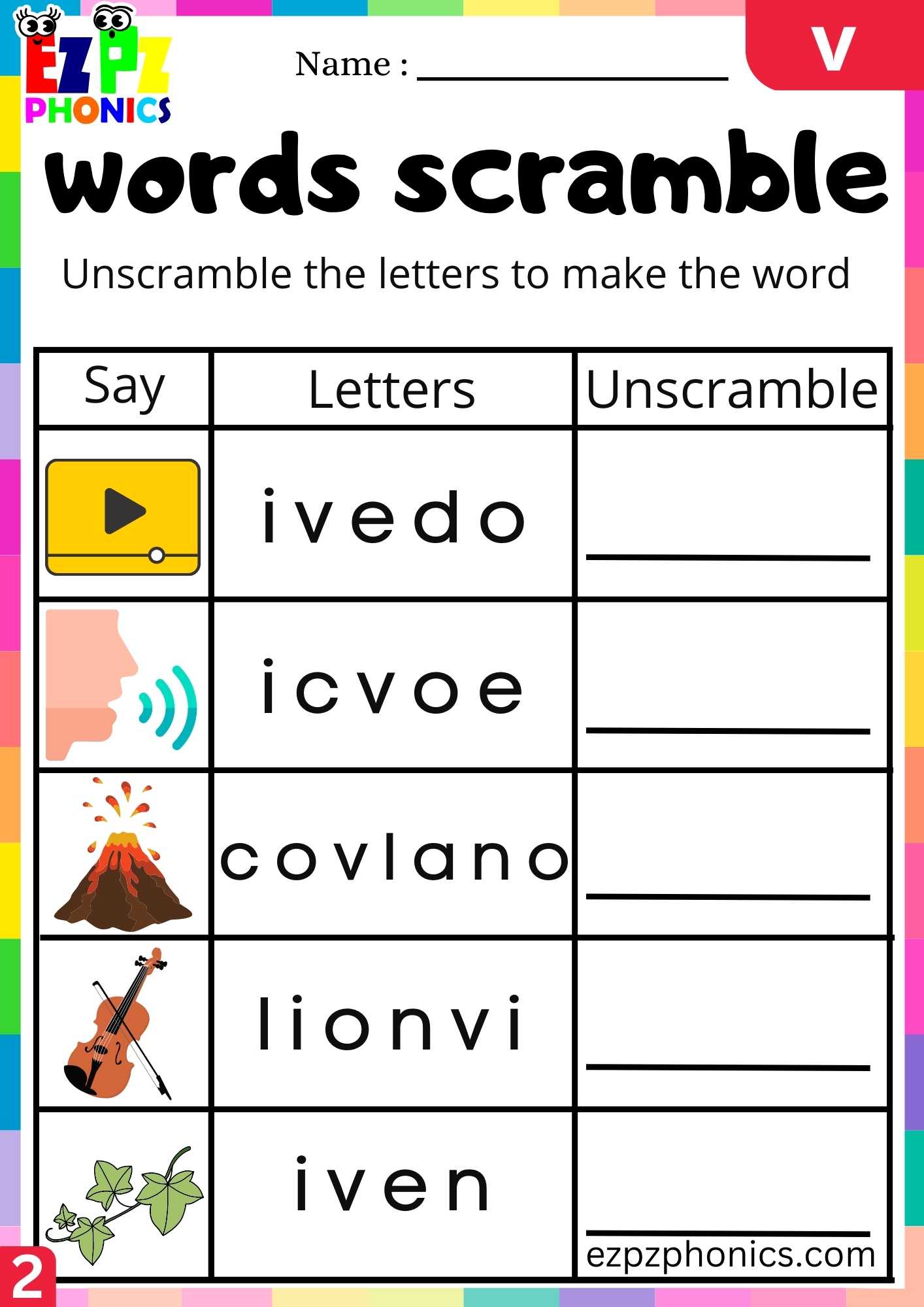 Group2 Letter V Words Scramble Beginning Sounds Worksheet - ezpzphonics.com