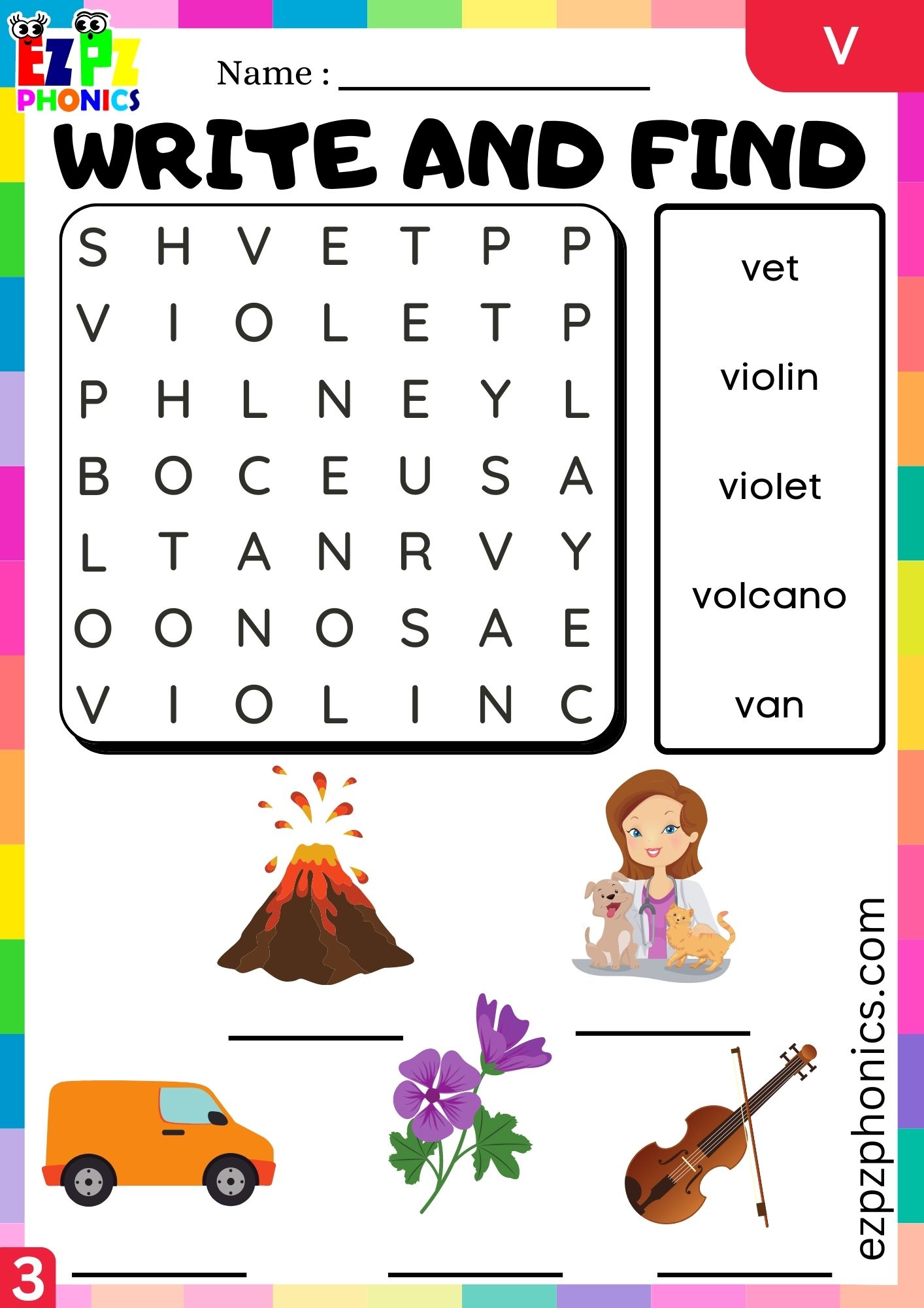 Letter v Word Search Write and Find the Words Group 3 - ezpzphonics.com