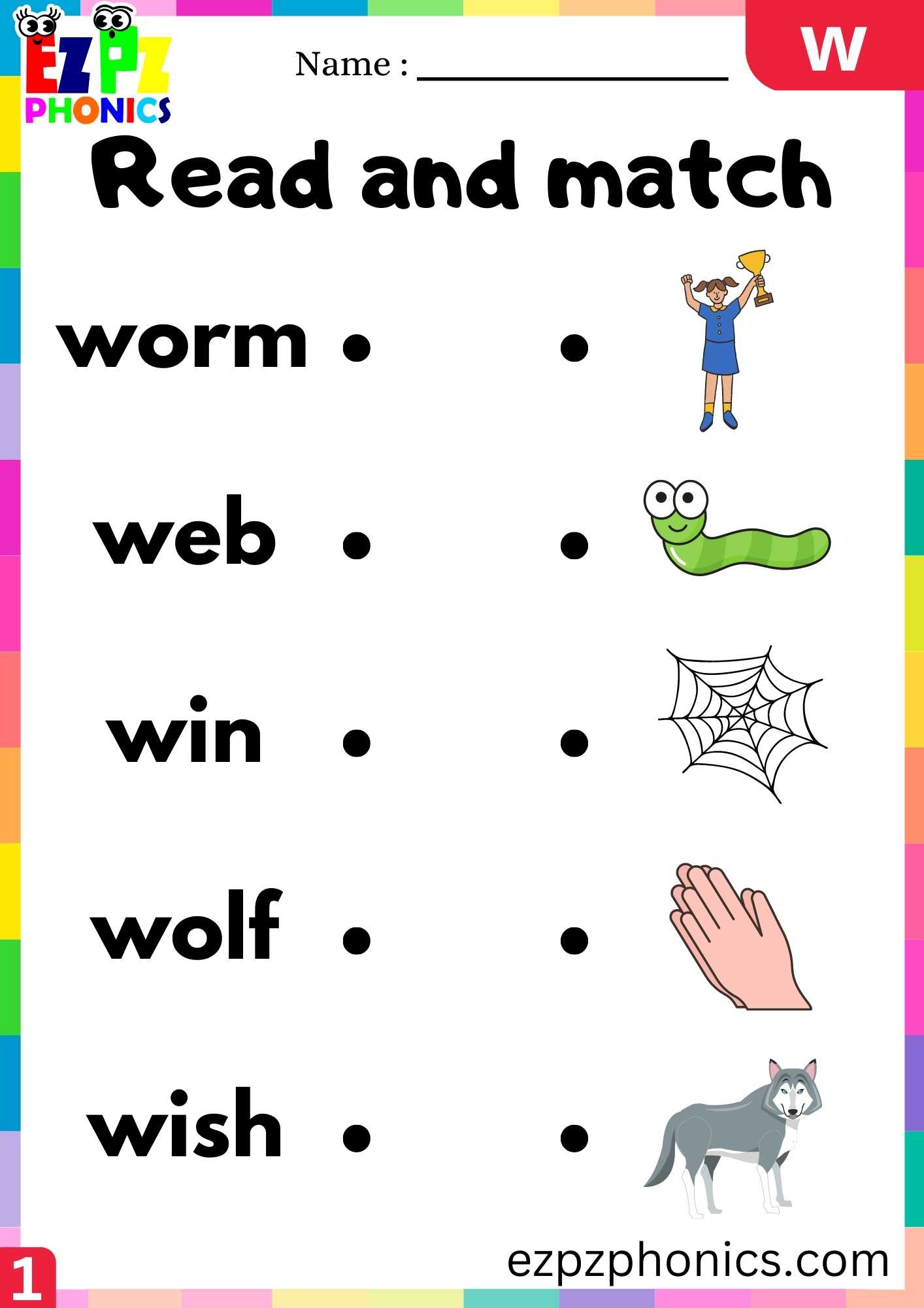 Letter W Read And Match Beginning Sounds Worksheet - ezpzphonics.com