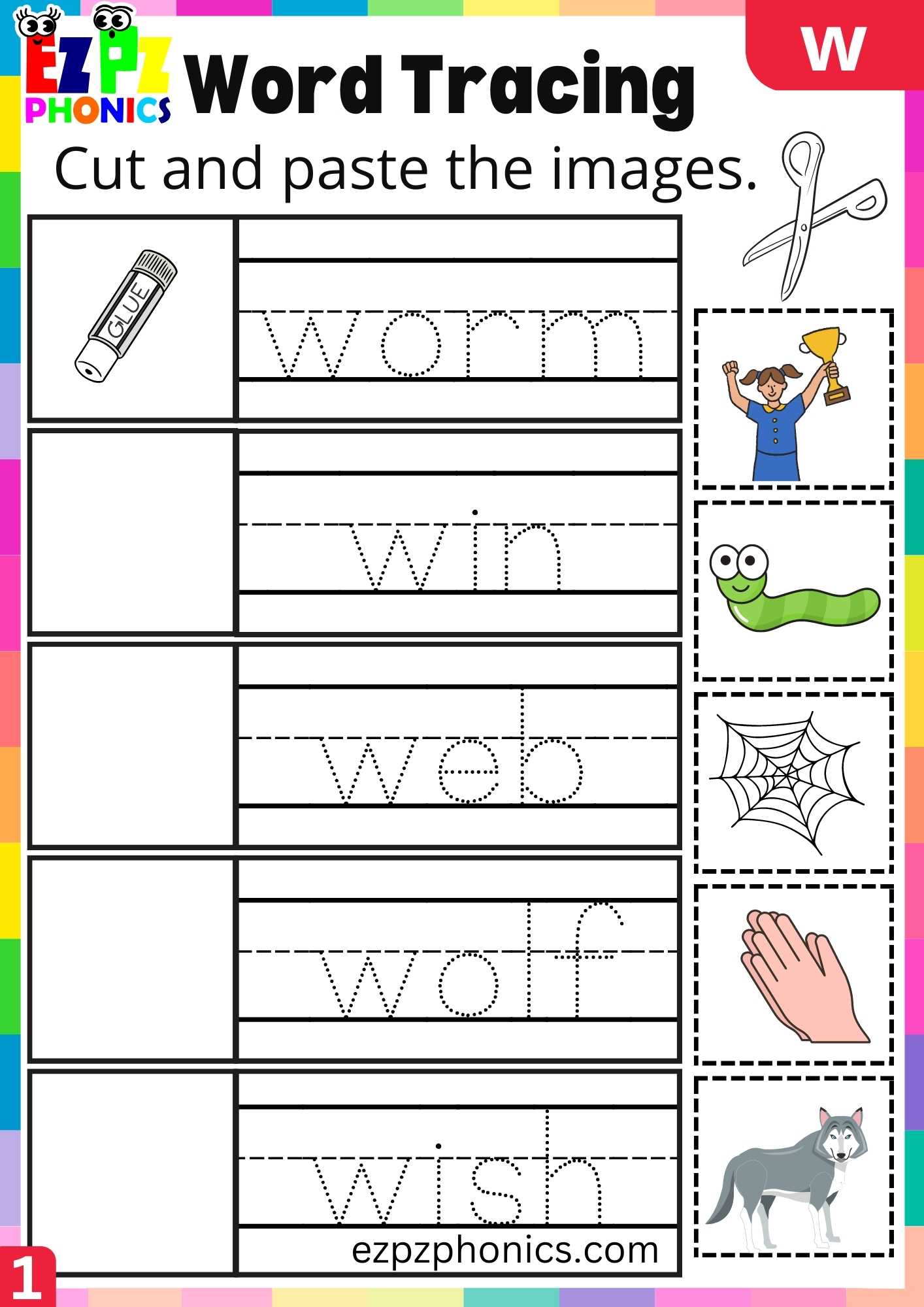 Letter W Word Tracing Beginning Sounds Worksheet - ezpzphonics.com