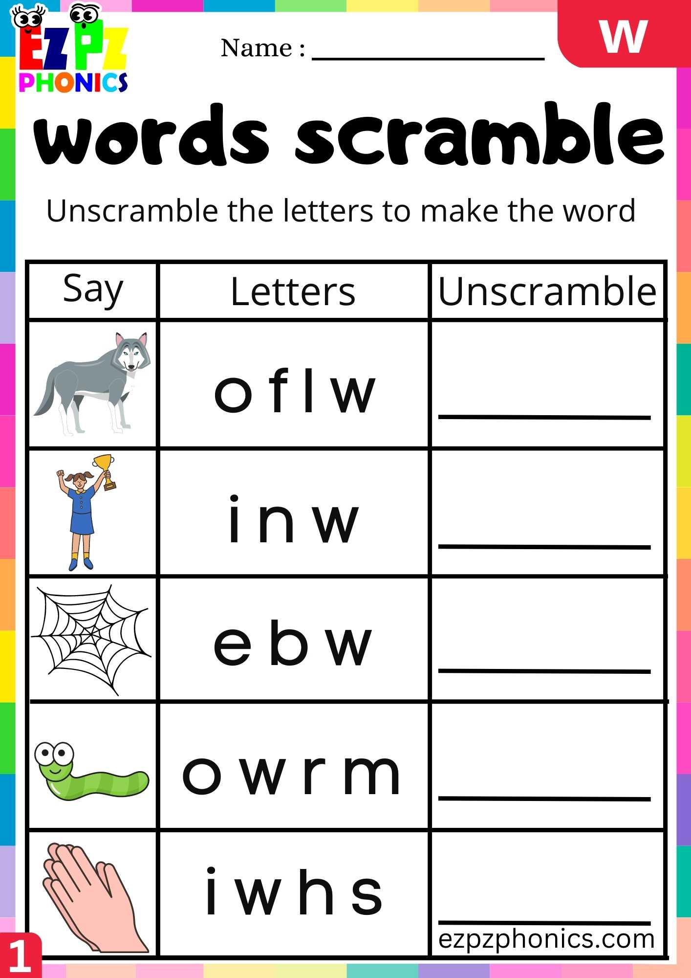 Letter W Words Scramble Beginning Sounds Worksheet - ezpzphonics.com