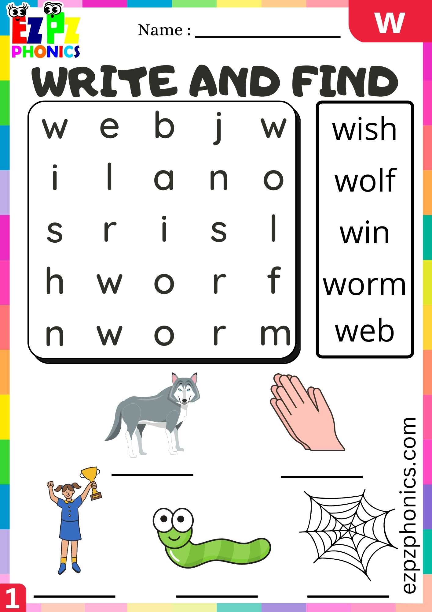 Letter W Write And Find Beginning Sounds Worksheet - ezpzphonics.com