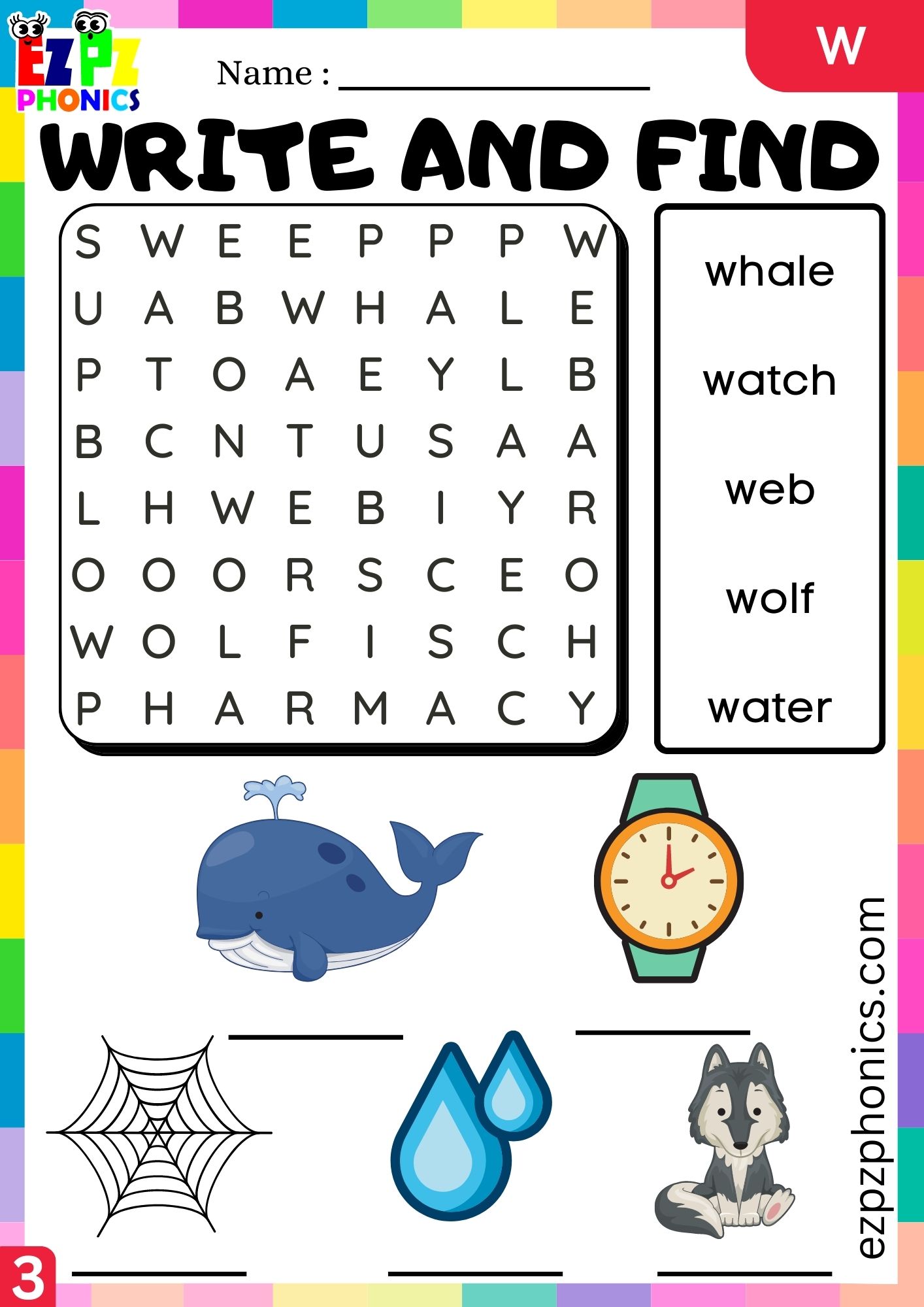 Letter w Word Search Write and Find the Words Group 3 - ezpzphonics.com