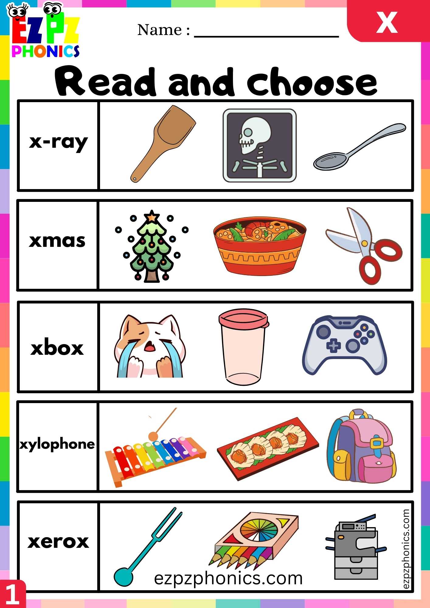 Letter X Read And Choose Beginning Sounds Worksheet - ezpzphonics.com