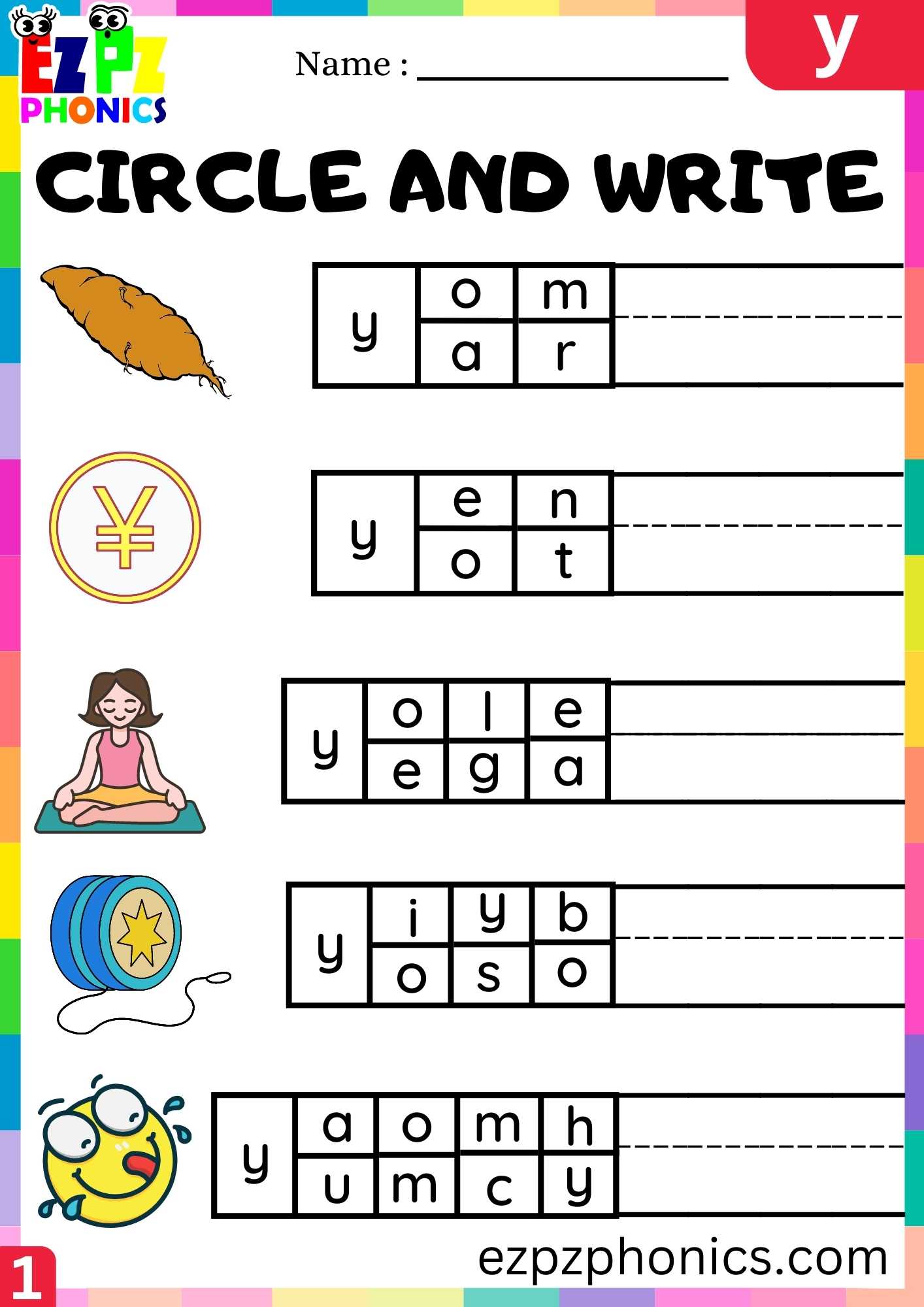 Letter Y Circle And Write Beginning Sounds Worksheet - ezpzphonics.com