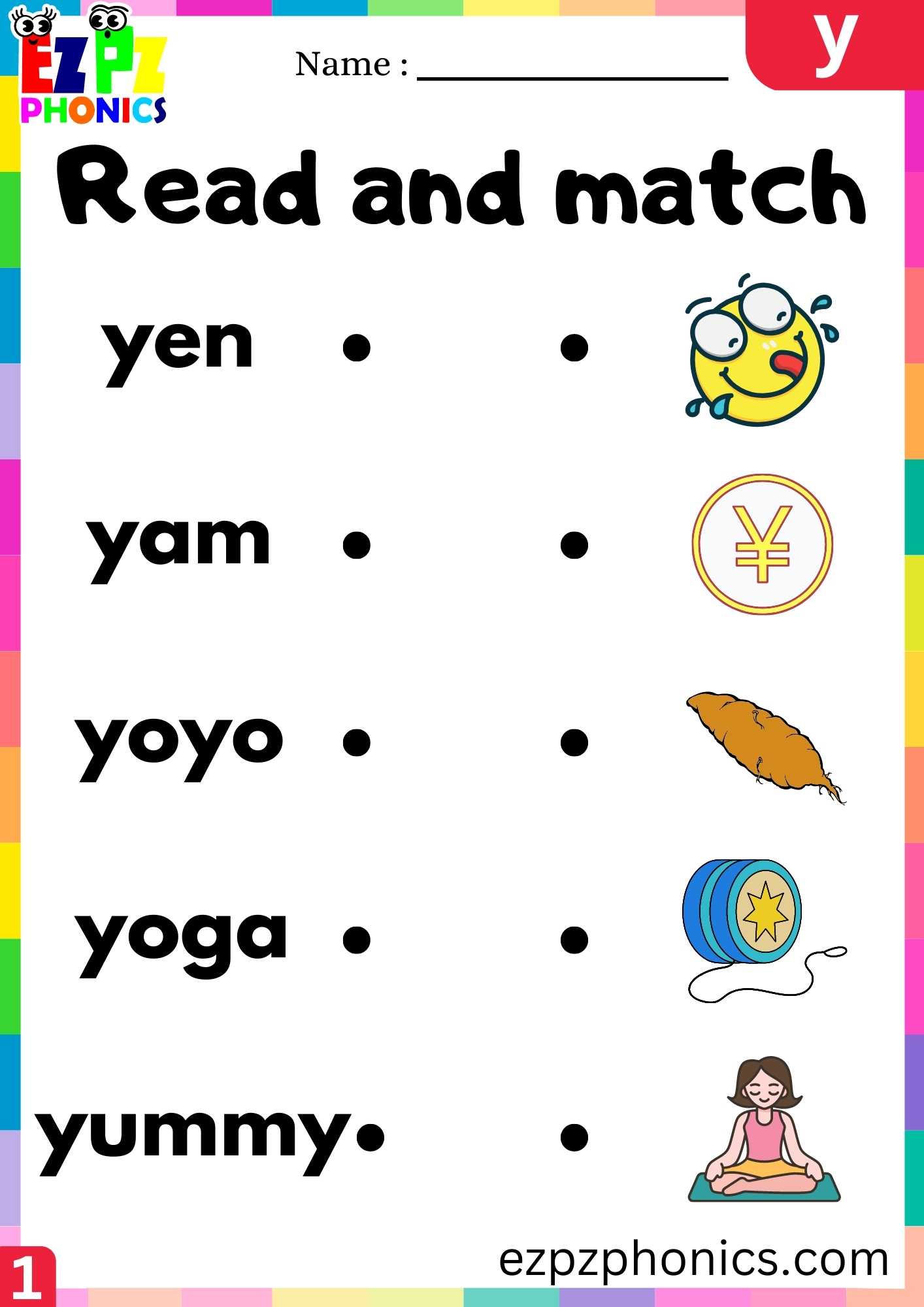 Letter Y Read And Match Beginning Sounds Worksheet - ezpzphonics.com