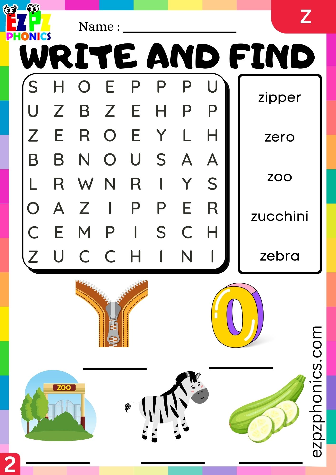 Letter z Word Search Write and Find the Words Group 2 - ezpzphonics.com