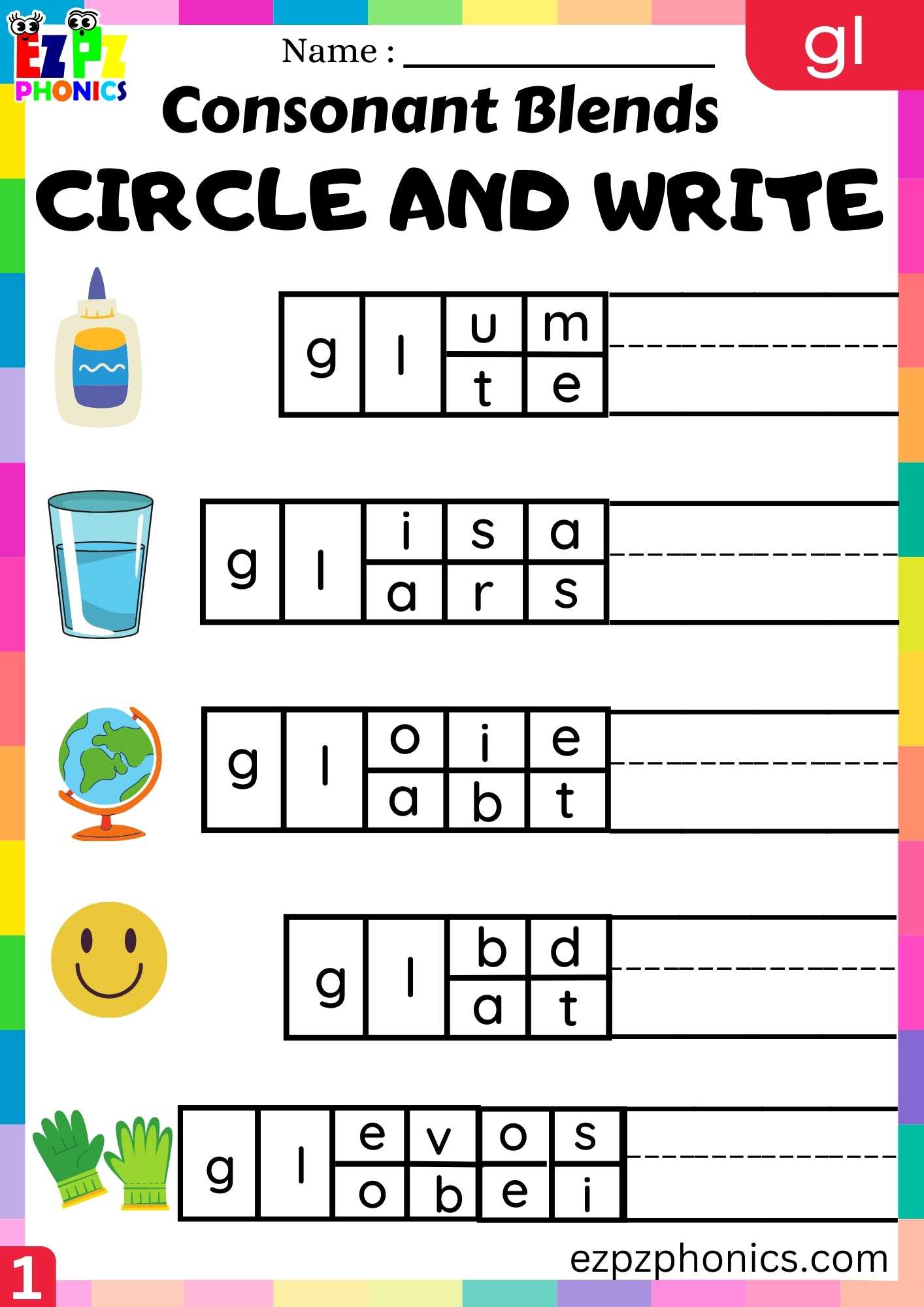 Group1 GL Words Circle And Write Phonics Consonant Blends Worksheet ...